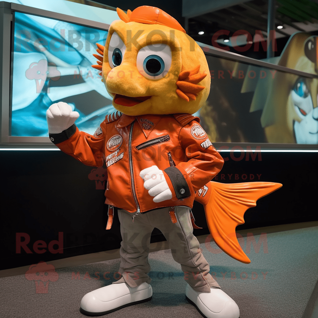 Goldfish REDBROKOLY mascot costume character dressed with a Moto Jacket ...