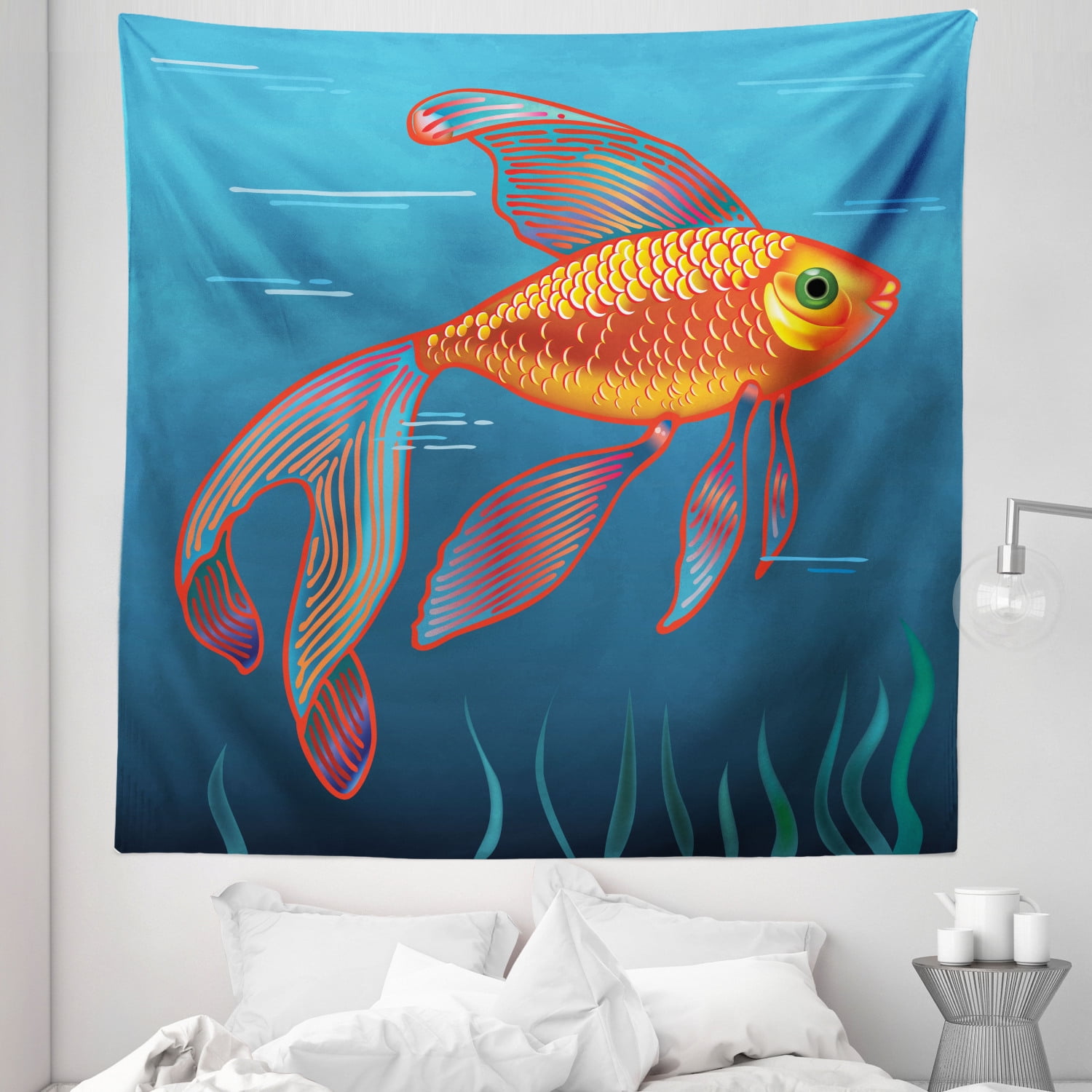 Goldfish Tapestry, Aquarium Illustration of Golden Fish on Sea Water ...