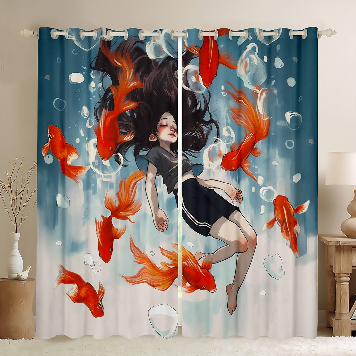 Goldfish Window Curtain,Cartoon Curtains,Trippy Style Watercolor Art ...