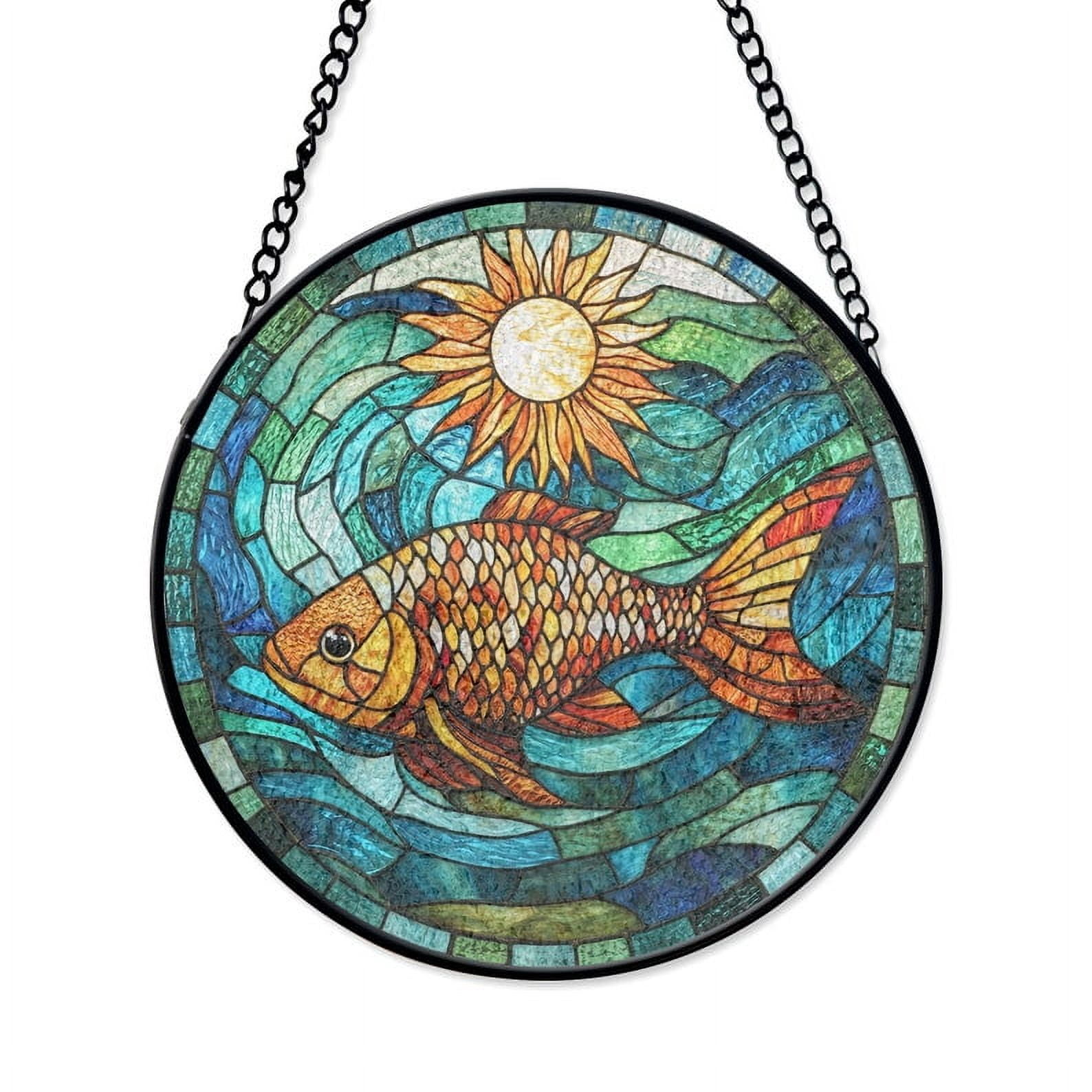 Goldfish and Sun Stained Glass Panel - Vibrant Aquatic-Themed Window ...