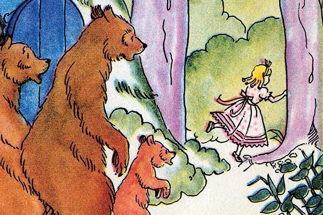 Goldilocks runs as fast as she can into the woods from the three bears ...