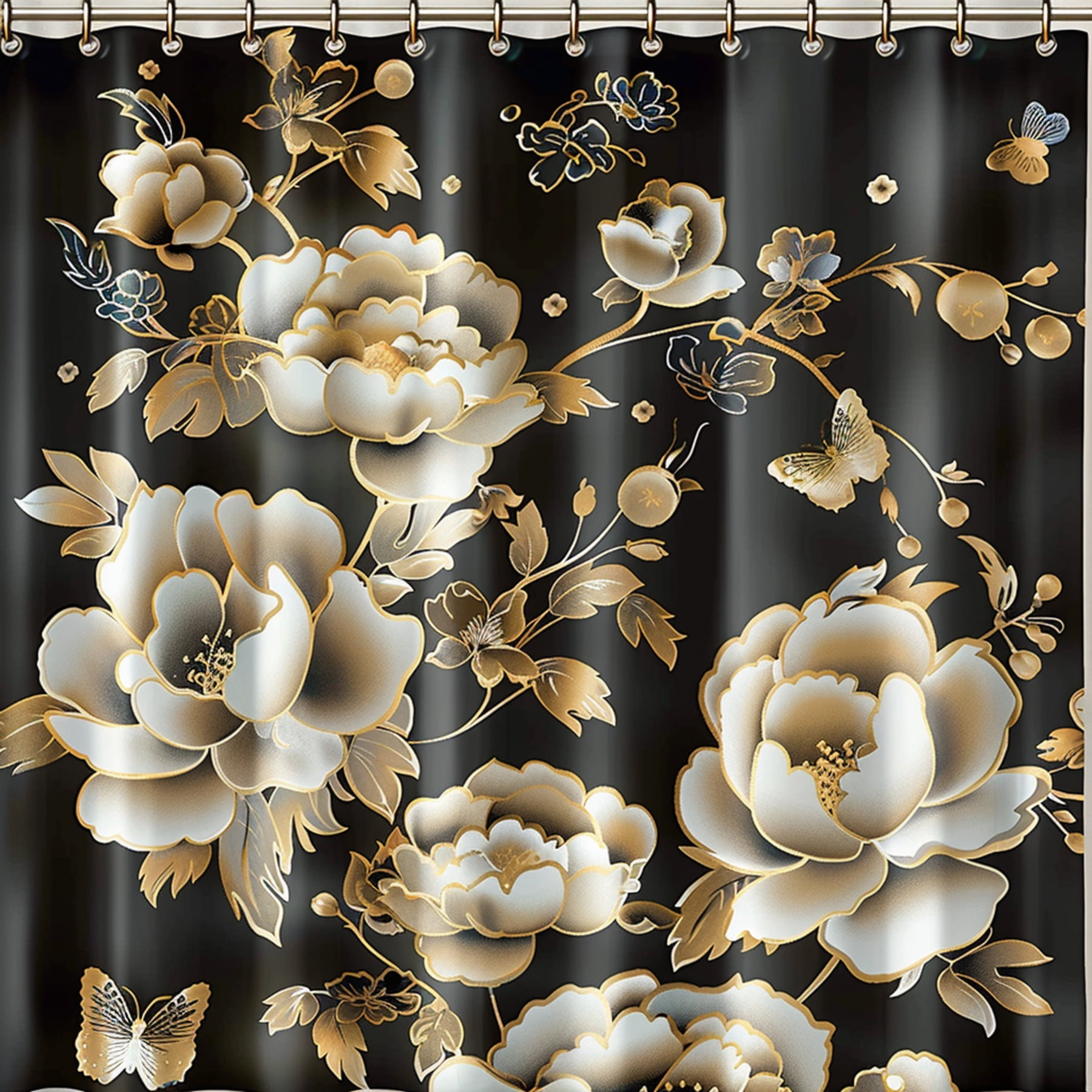 Goldleaf Floral Shower Curtain With Peonies And Butterflies Elegant