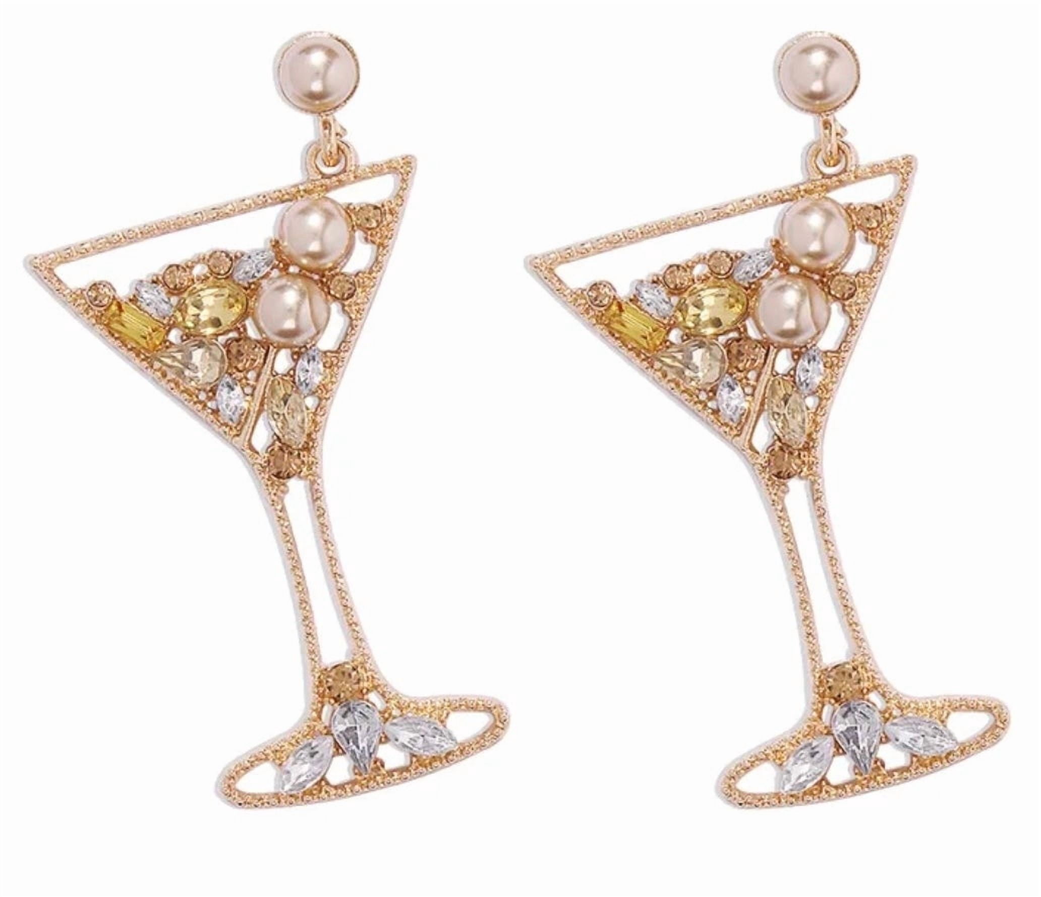 Martini Glass Statement Earrings for Women –Gold Rhinestone & Pearl ...