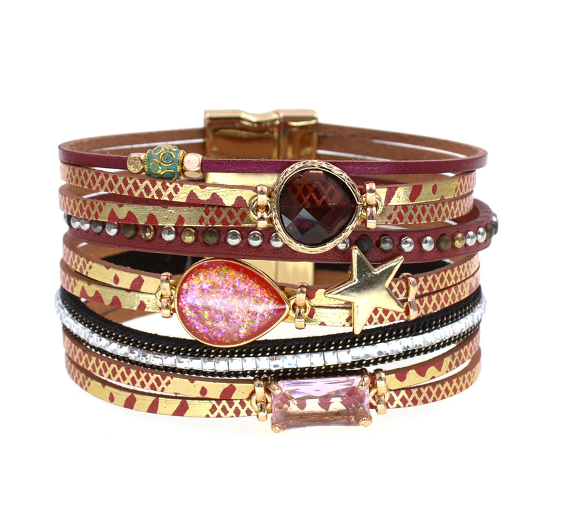 Goldtone Multi Layered Magnetic Leather Bracelet With Multi Stone ...