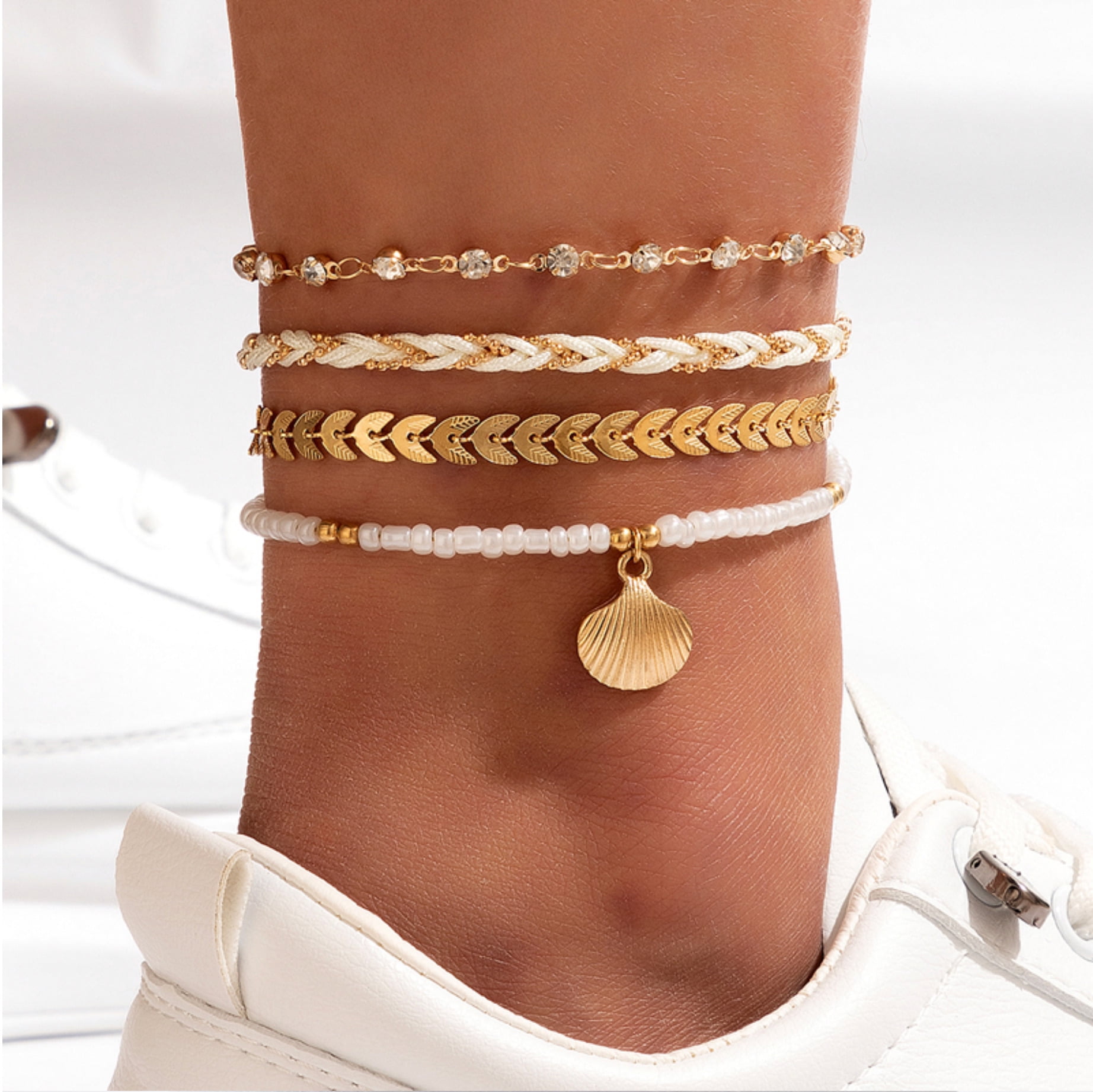 Goldtone White Braided And Beaded Sea Shell Anklet Set - Walmart.com