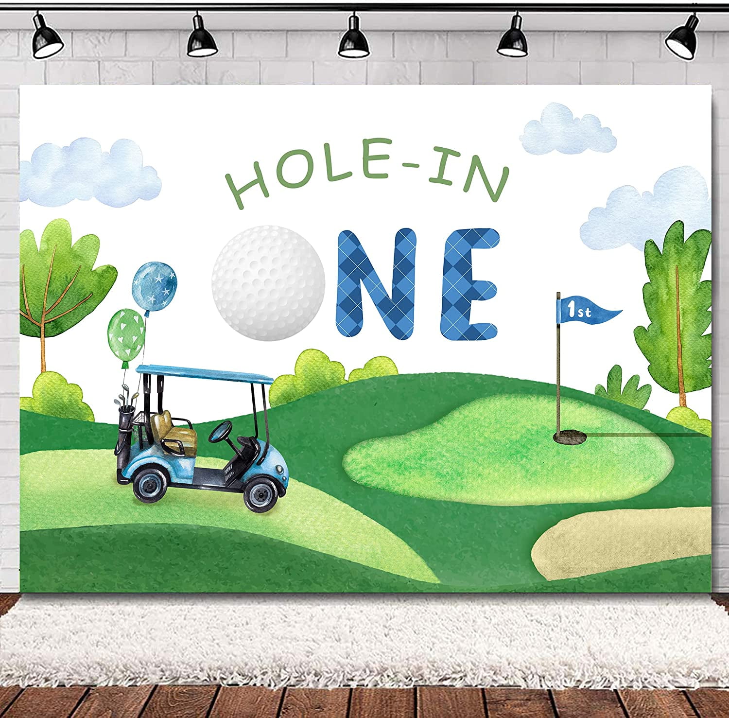 Golf 1st Happy Birthday Backdrop Hole in One Cartoon Watercolor Green ...