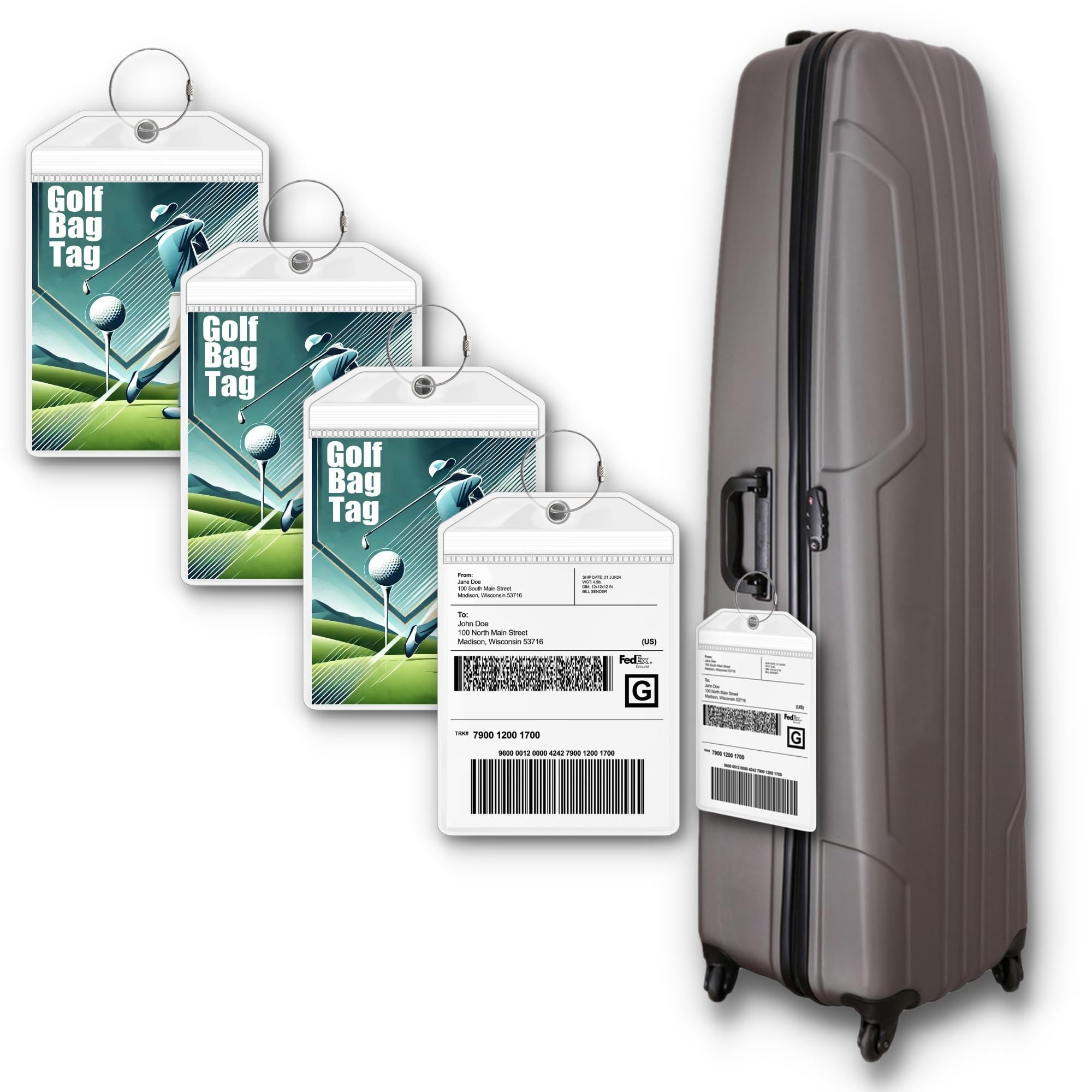 Golf Bag Luggage Tag - Extra Large 9" x 6", Waterproof Plastic Zipper ...