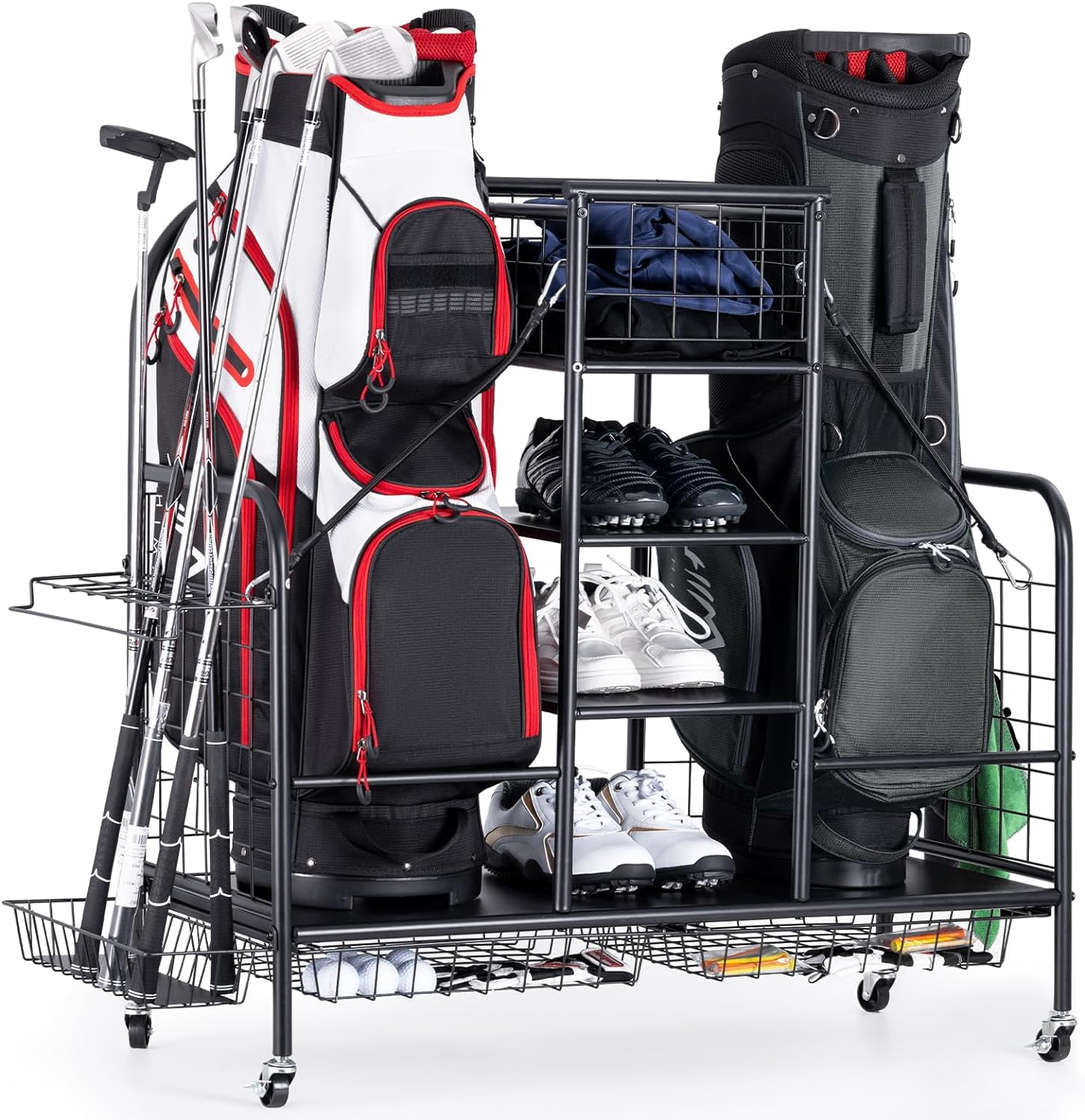 Golf Bag Organizer - Extra Large Storage Rack for 2 Bags, Clubs, Balls ...