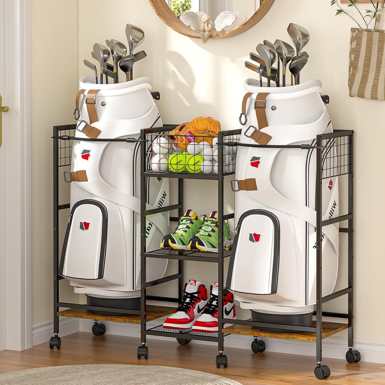 Golf Bag Storage Organizer for Garage, Golf Bag Stand for 2 Bags and ...