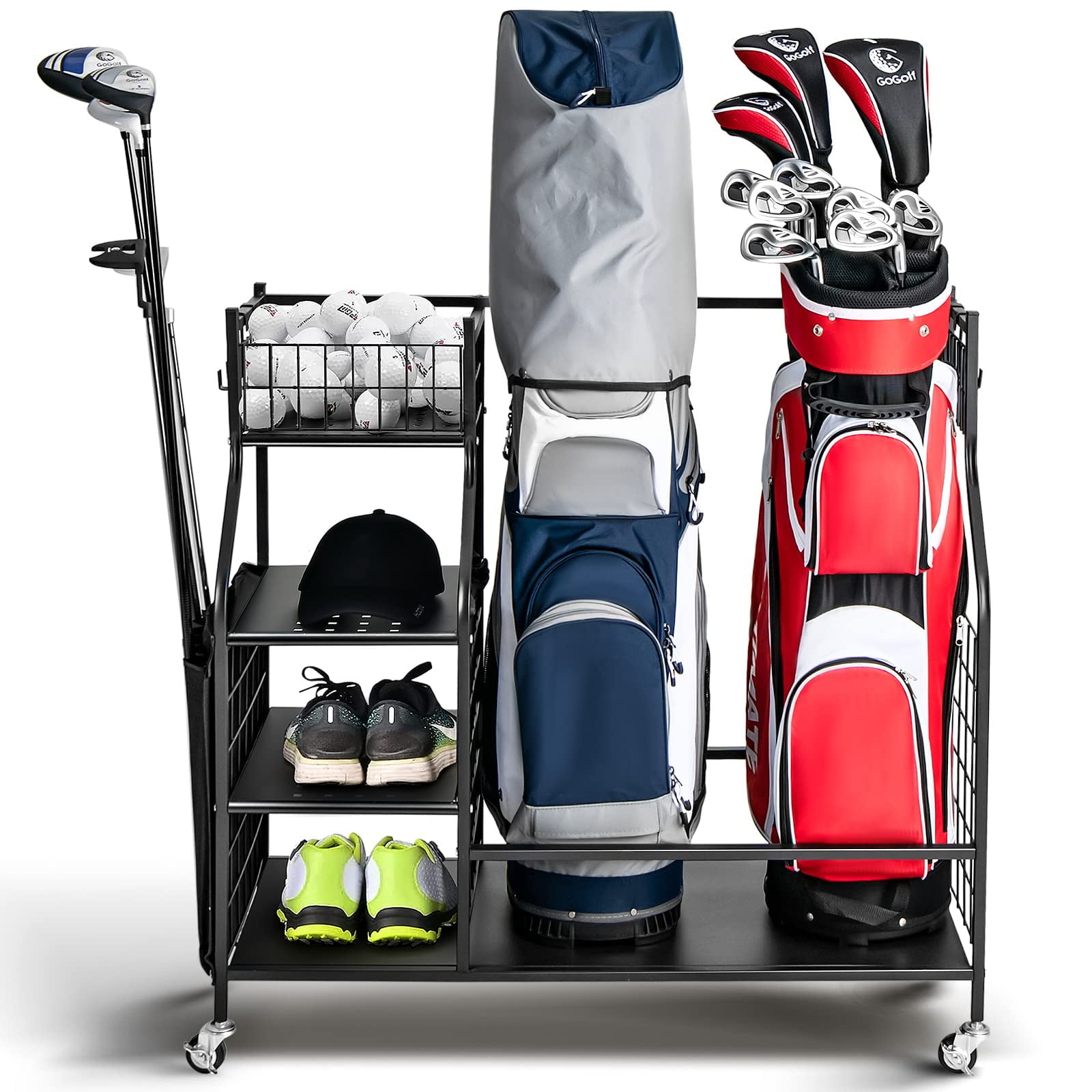 Golf Bag Storage Organizer with Lockable Wheels, 3-Tier Shelves for ...