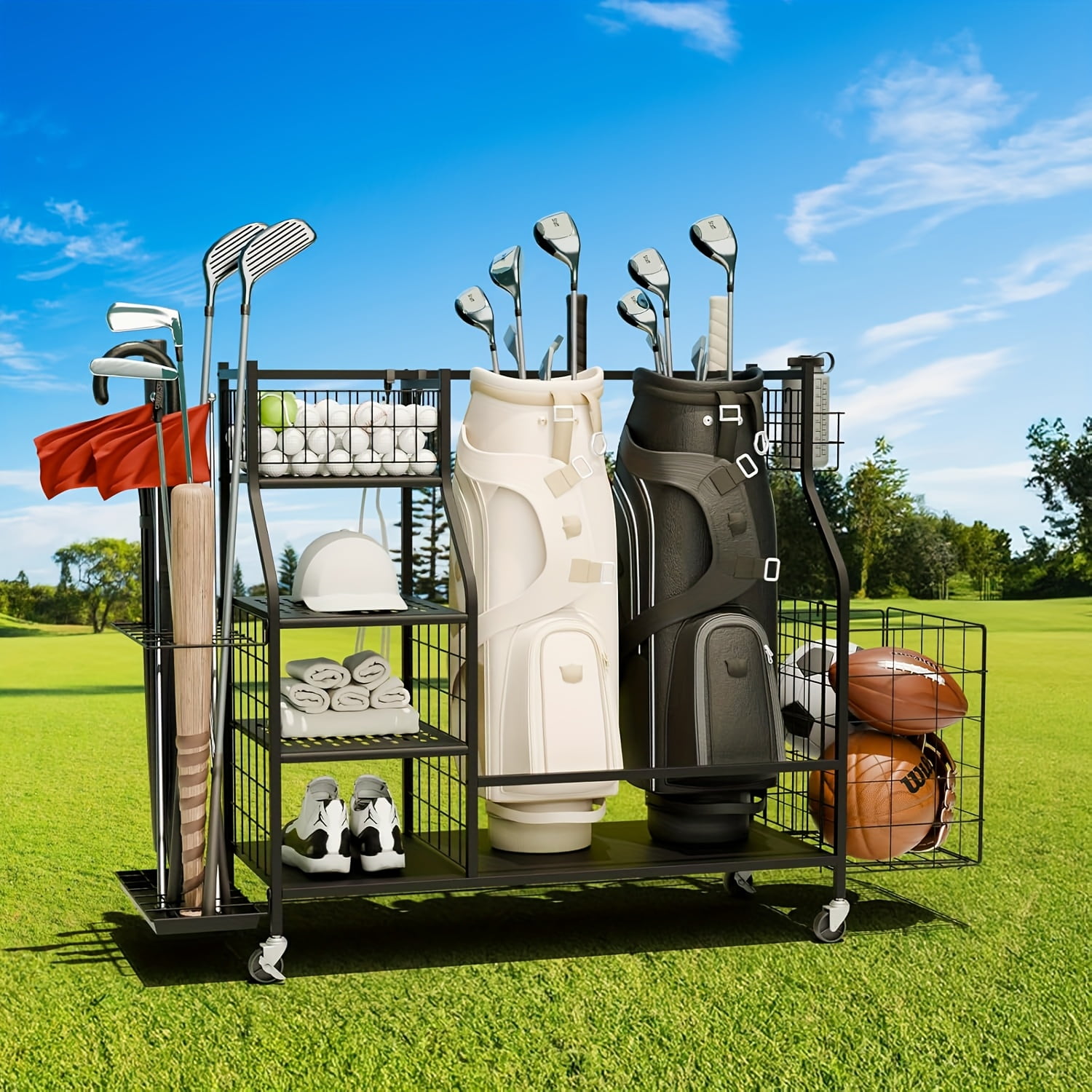 Golf Bag Storage Rack, 3-position/2-position Storage Rack With Wheels ...
