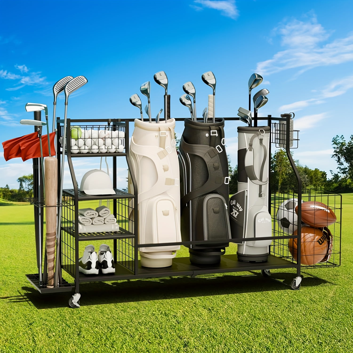 Golf Bag Storage Rack, 3-position/2-position Storage Rack With Wheels ...