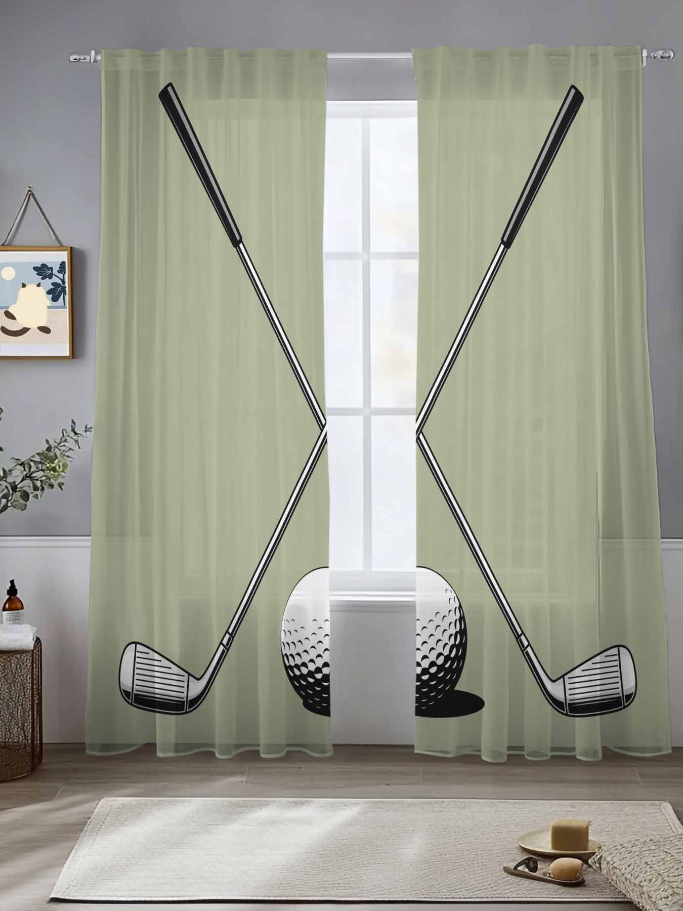 Golf Ball Club Sheer Curtains 108 Inches Long 2 Panels Game Sports Sage ...