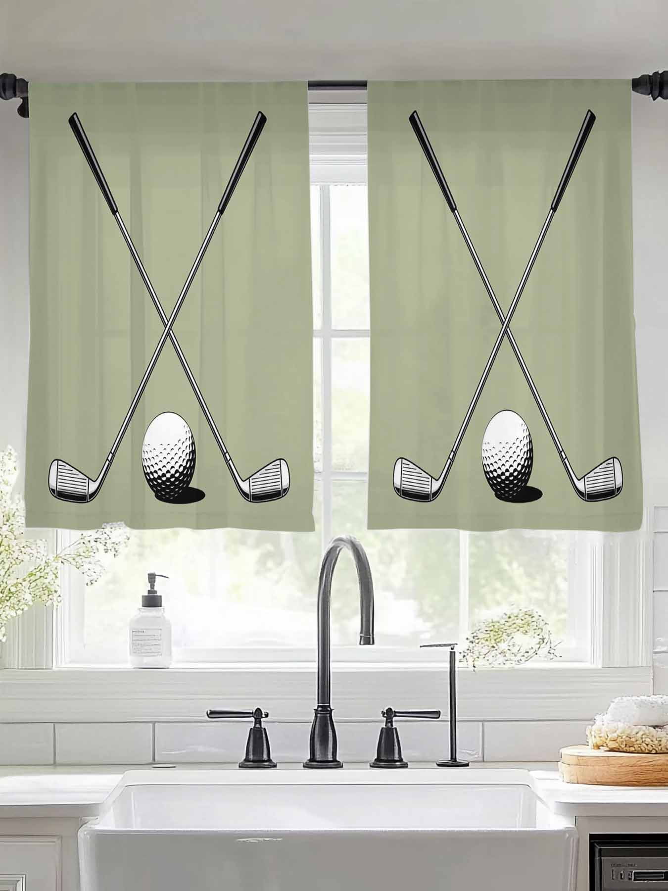 Golf Ball Club Sheer Curtains 54 Inches Long 2 Panels Game Sports Sage ...