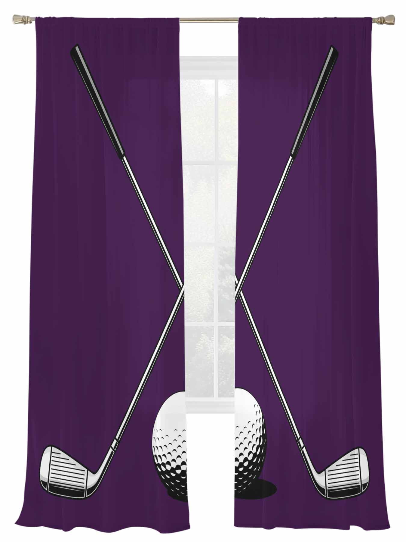 Golf Ball Club Sheer Curtains 84 inches Long, Game Sports Purple Art ...