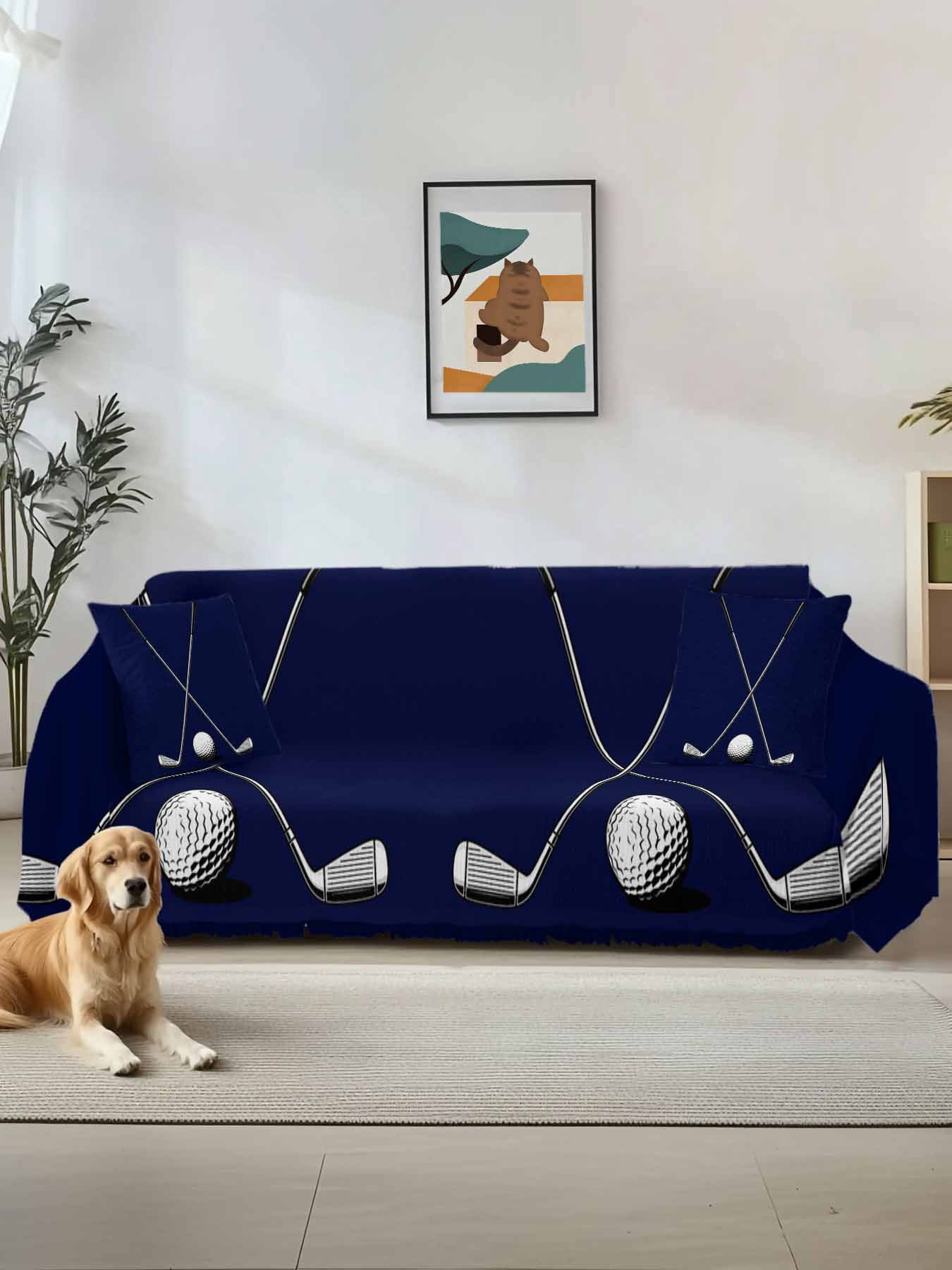 Golf Ball Couch Cover for 2 Cushion Sofa, Navy Blue Monochrome Sport ...