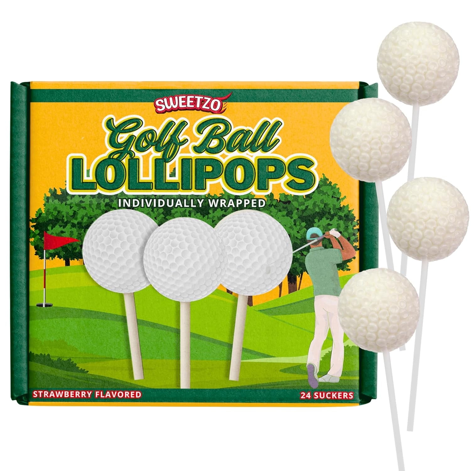 Golf Ball Lollipops, Strawberry Flavored Suckers, Individually Wrapped ...