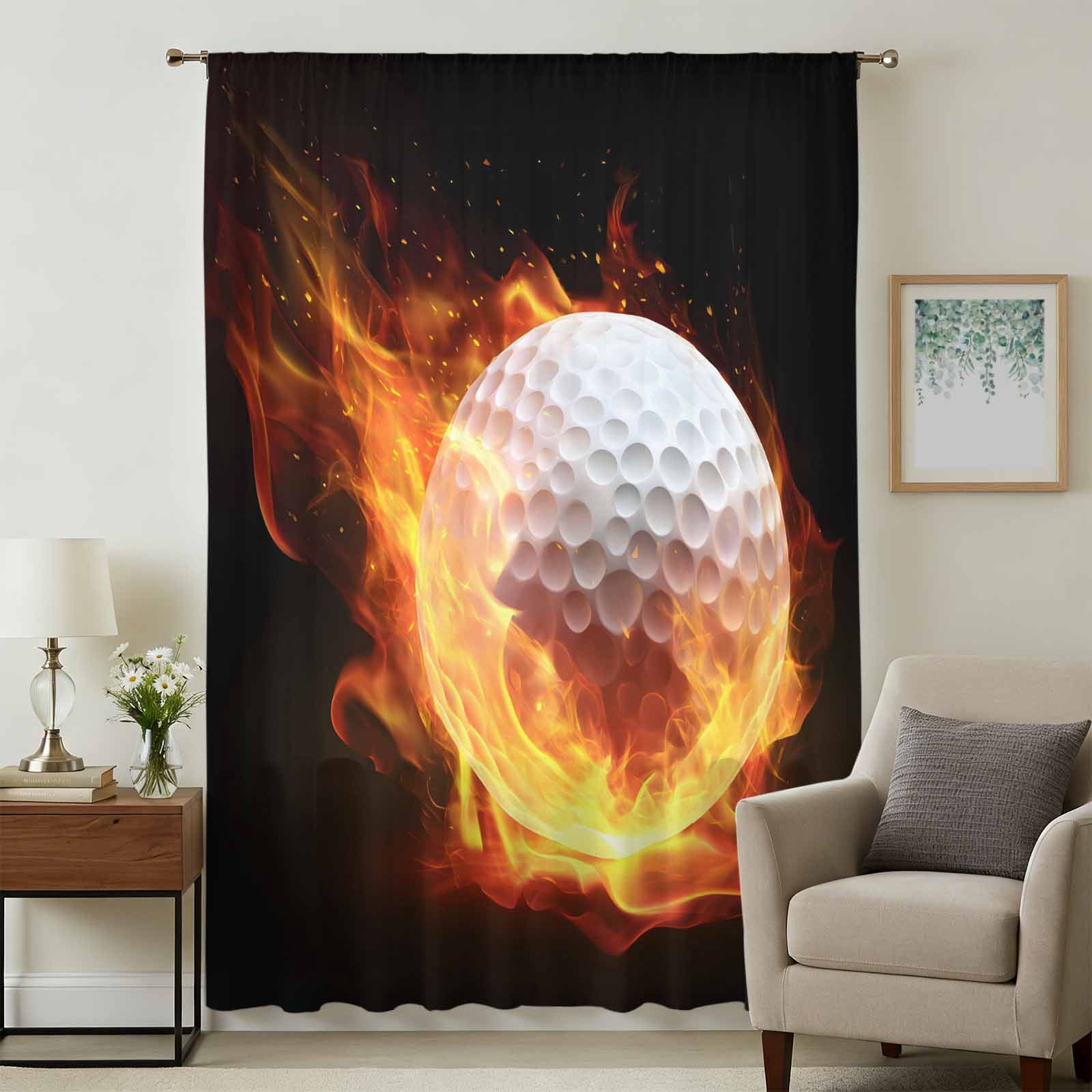Golf Ball Sheer Curtains 84 Inches Long, Sport Modern Glowing Burning ...