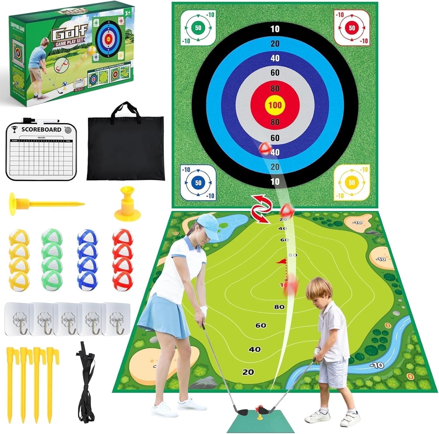 Golf Chipping Game with Double-Sided Mat, 2 in1 Golf Hitting Mat, with ...