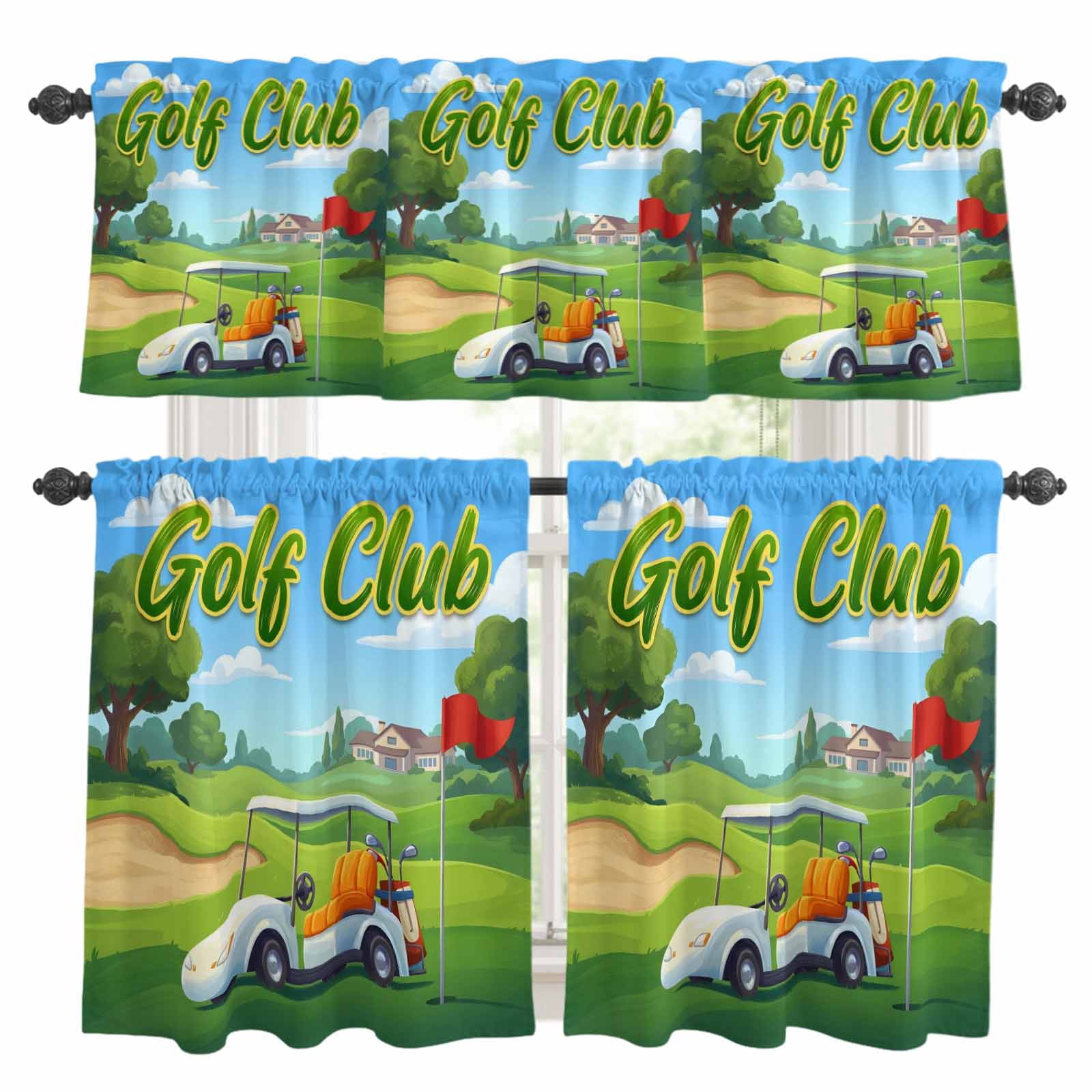Golf Club Kitchen Curtains and Valances Set, Cartoon Golf Cart Balls ...