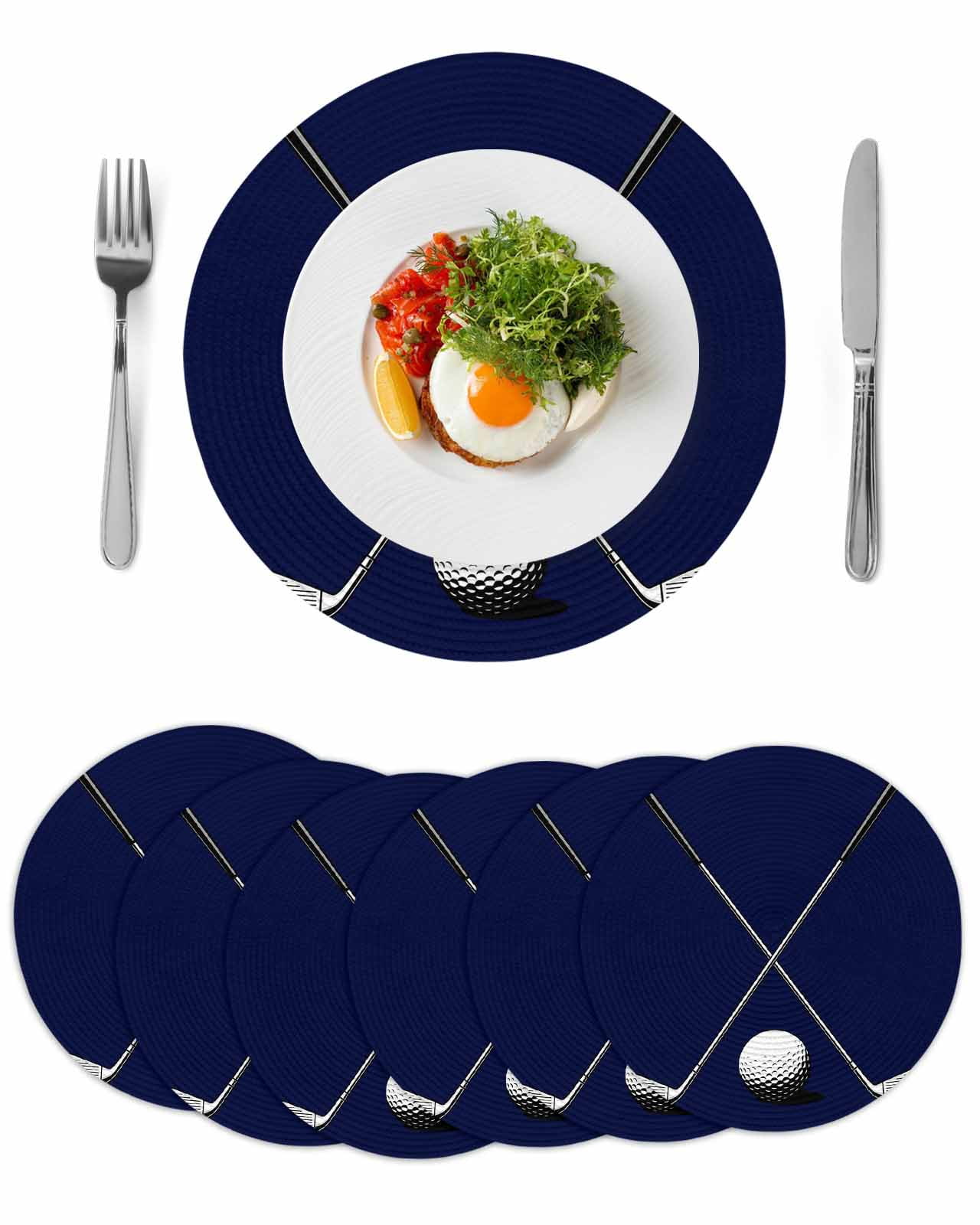 Golf Clubs Round Table Placemats set of 6, Balls Sports Navy Blue ...