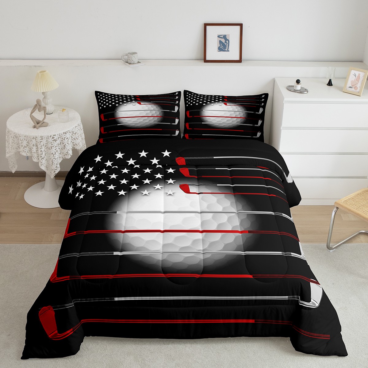 Golf Comforter Set For Men, American Flag Bedding Golf Shape Pattern ...