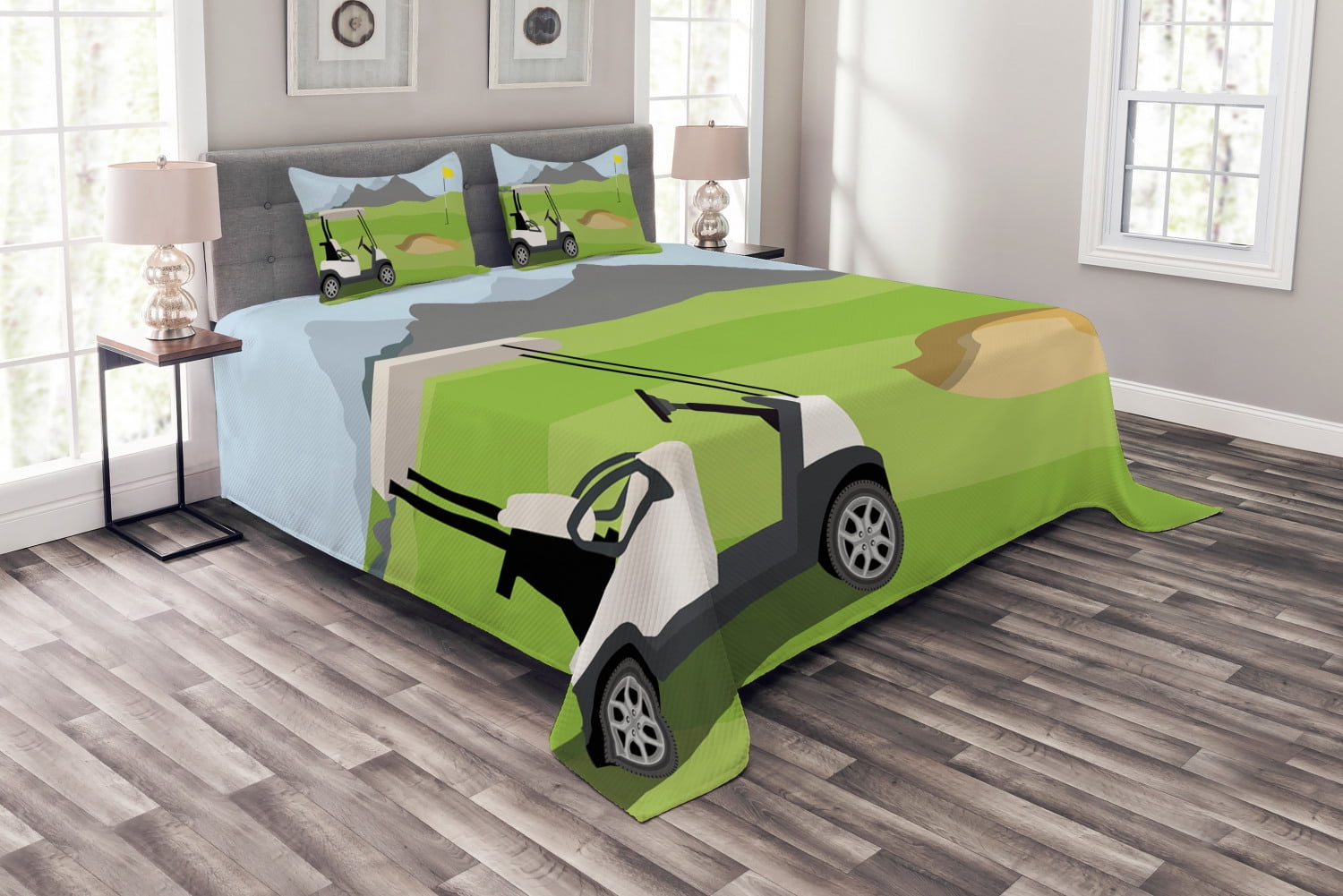 Golf Course Scene Bedspread, Cartoonish Golf Club Themed Mountains ...