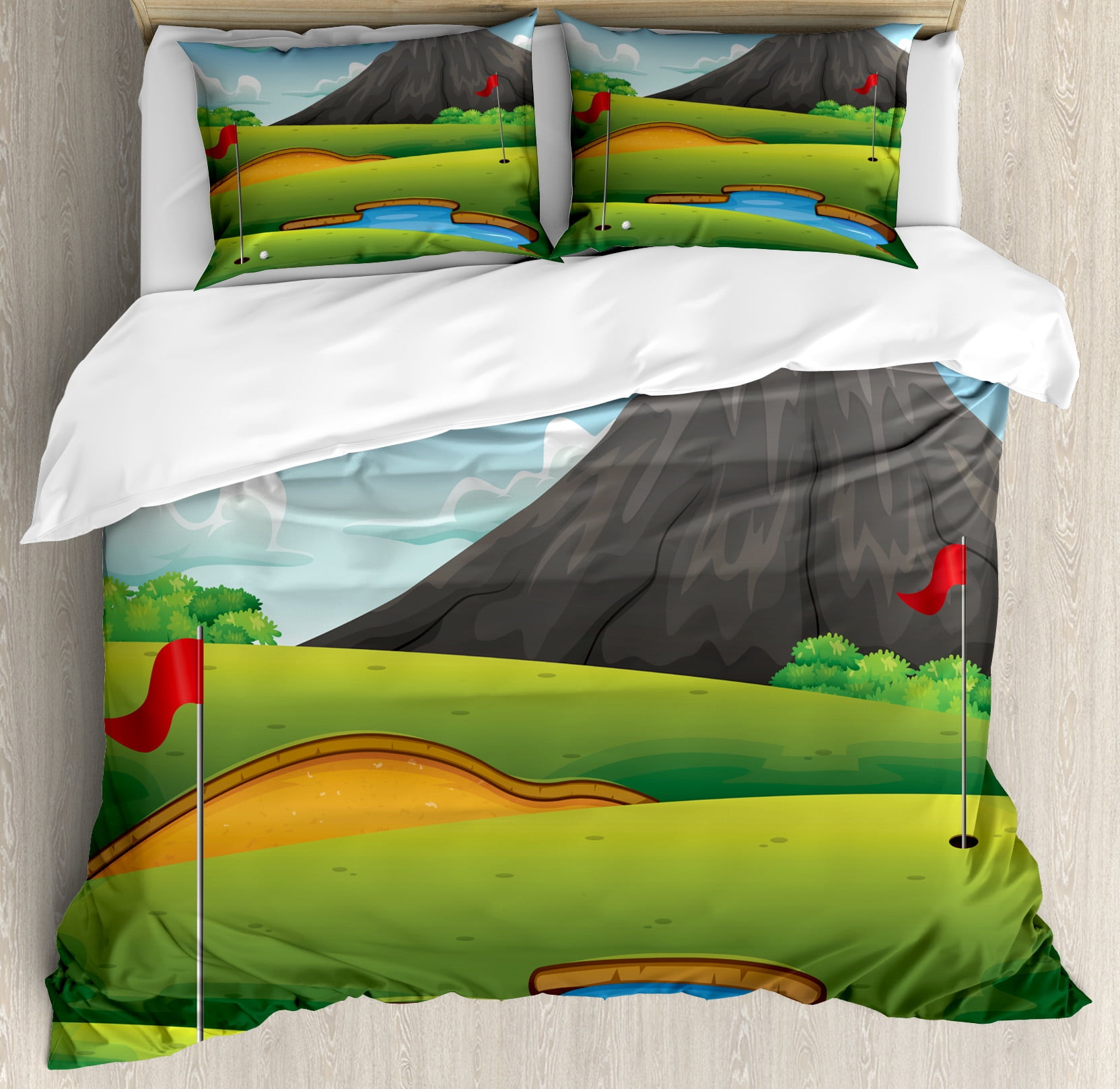 Golf Course Scene Duvet Cover Set, Cartoon Graphic of Hills Majestic ...