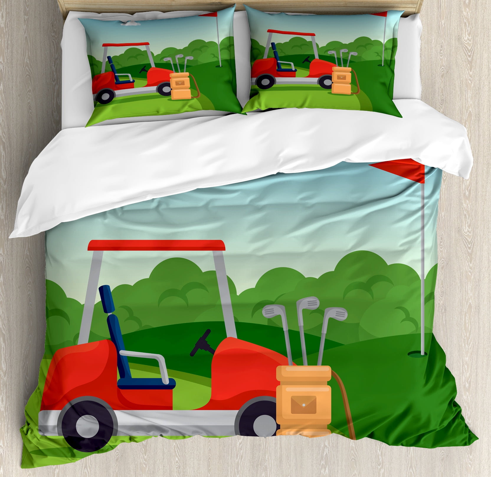 Golf Course Scene Duvet Cover Set, Cartoon Illustration of Golf Car and ...