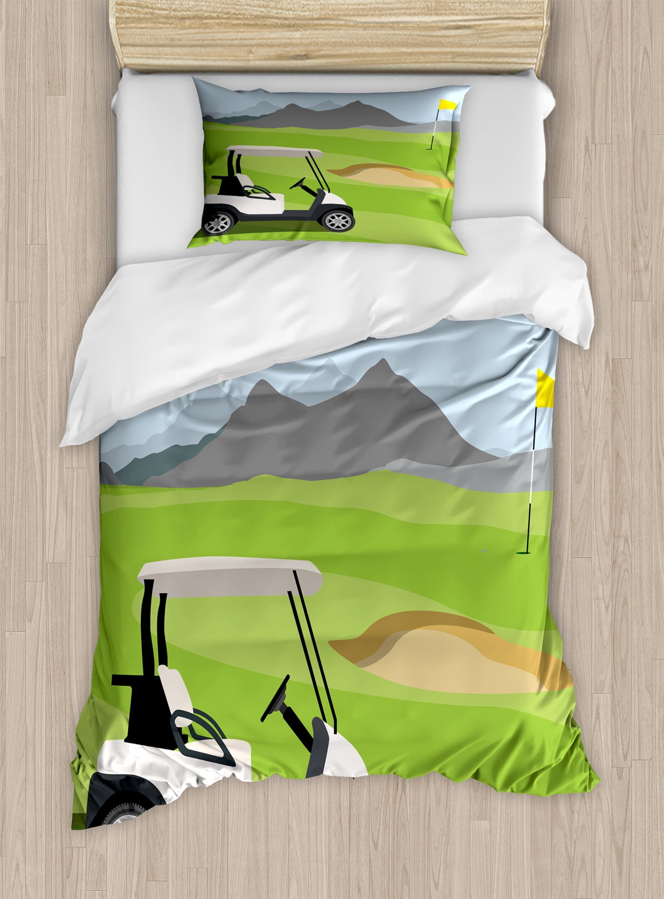 Golf Course Scene Duvet Cover Set, Cartoon Landscape with Car Field ...