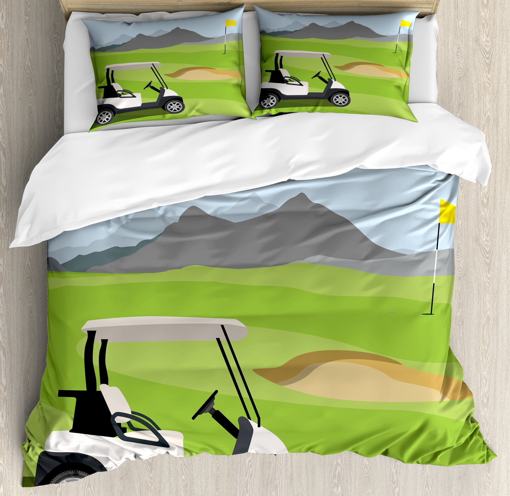 Golf Course Scene Duvet Cover Set, Cartoon Landscape with Car Field ...