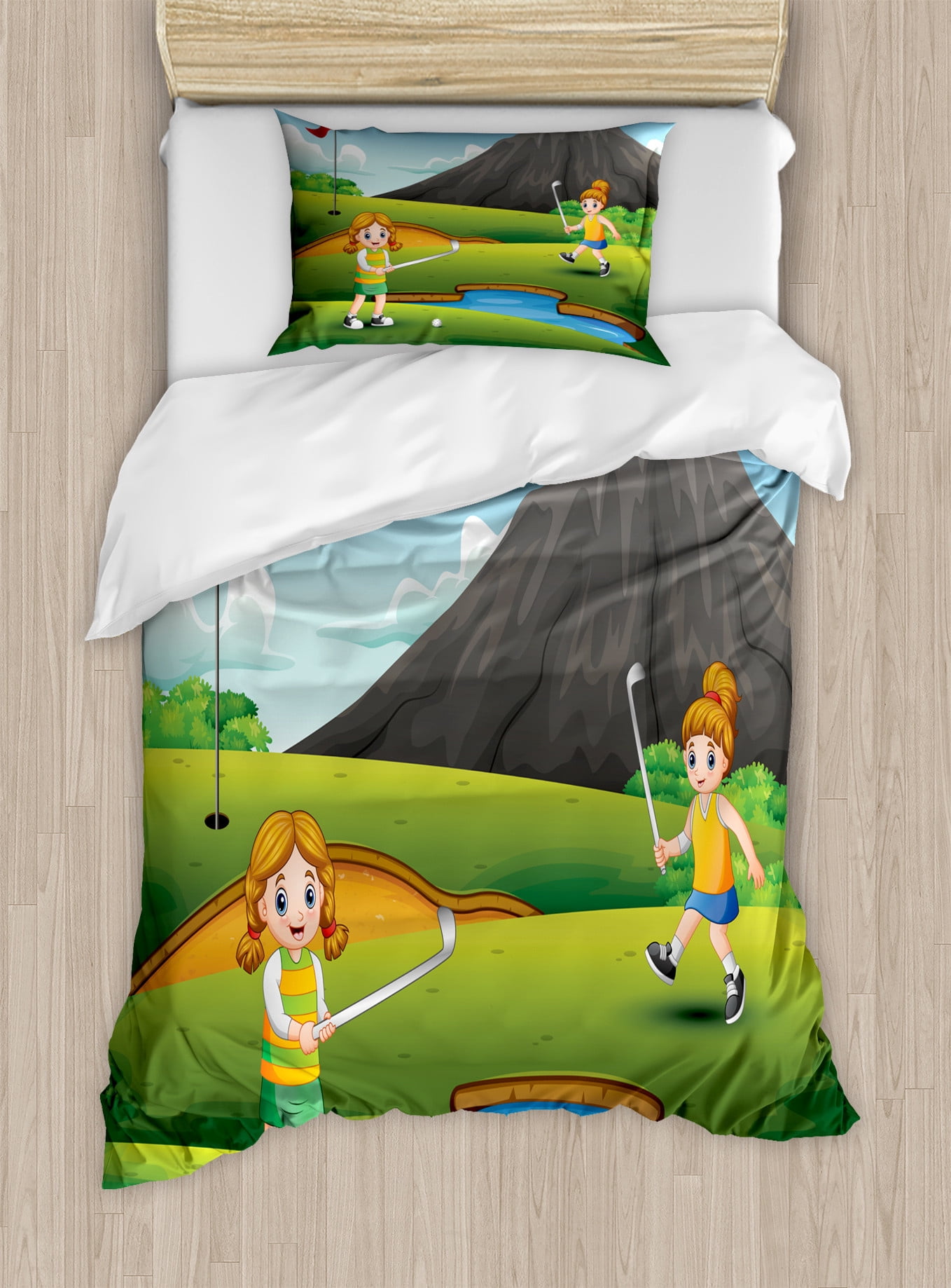 Golf Course Scene Duvet Cover Set, Happy Golfer on Field in a Sunny Day ...