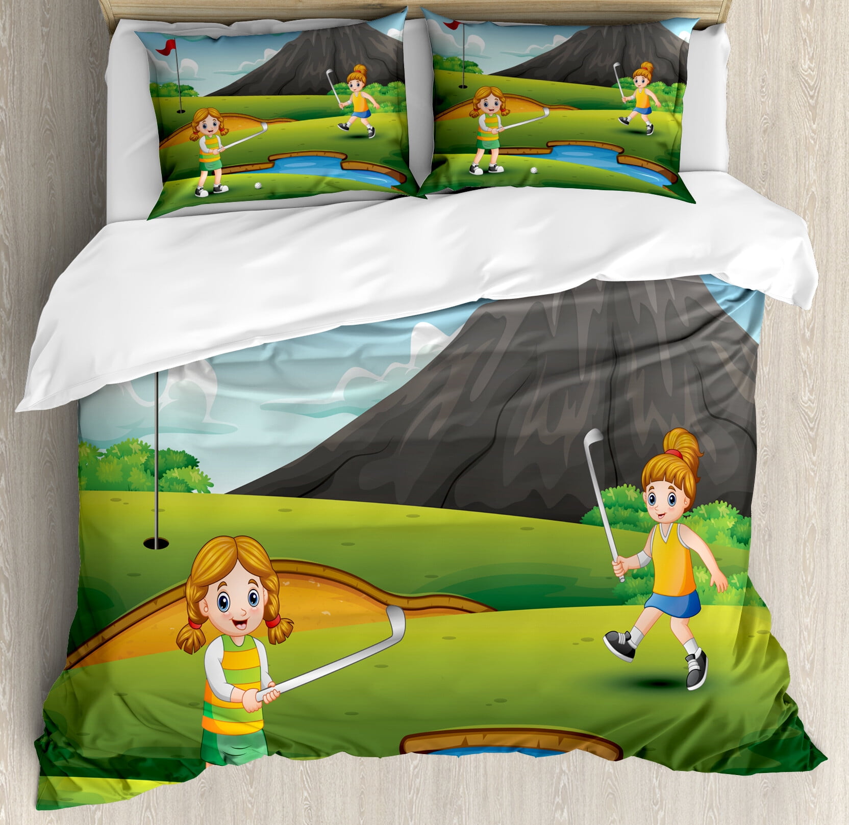 Golf Course Scene Duvet Cover Set, Happy Golfer on Field in a Sunny Day ...