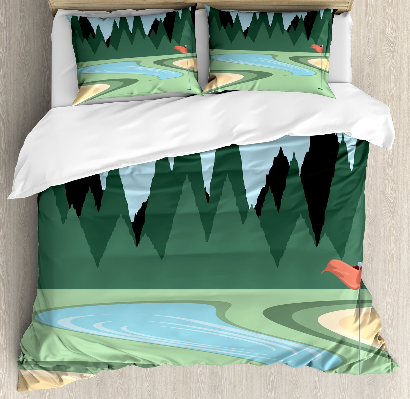 Golf Course Scene Duvet Cover Set, Sportive Activity Field with Forest ...