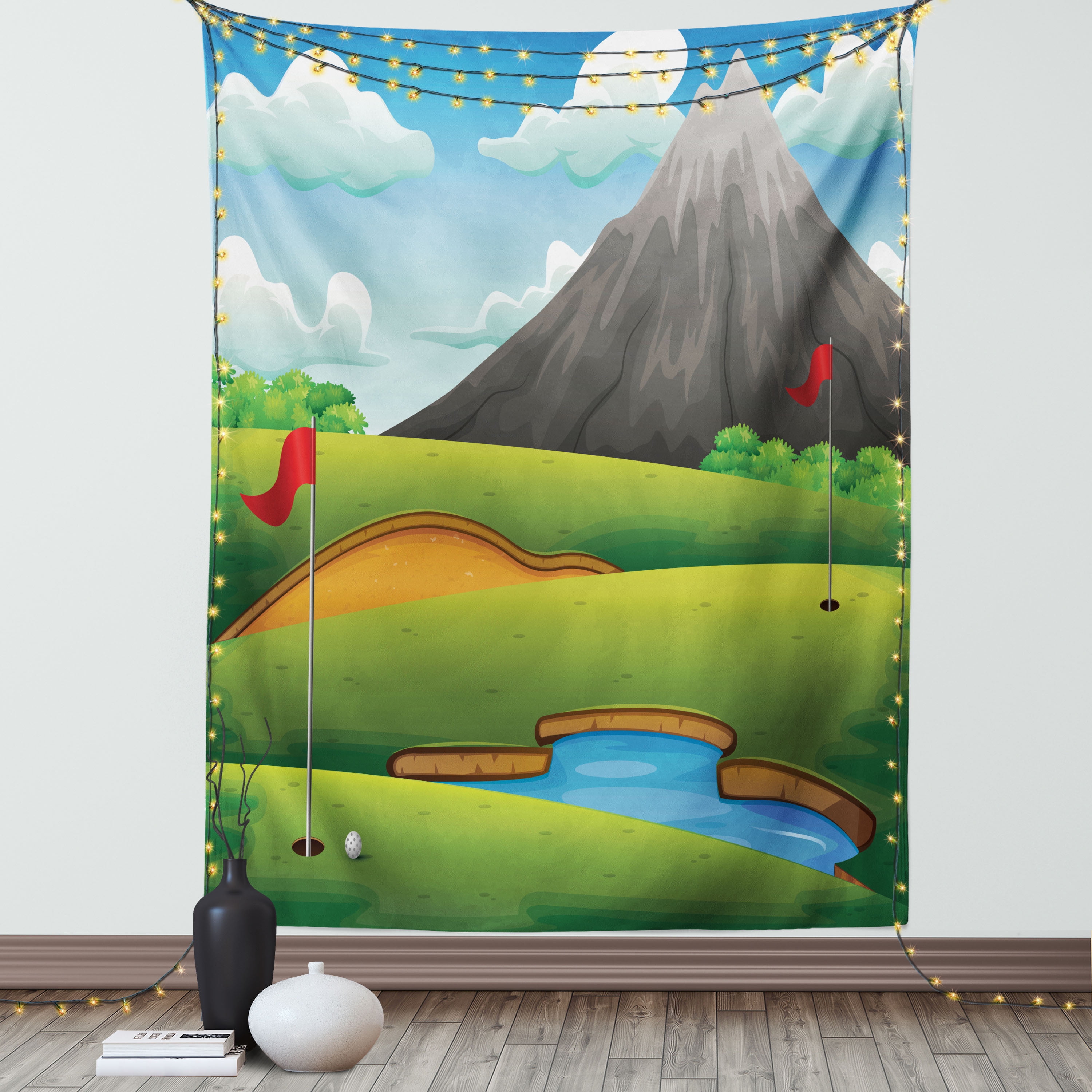 Golf Course Scene Tapestry, Cartoon Graphic of Hills Majestic Mountain ...