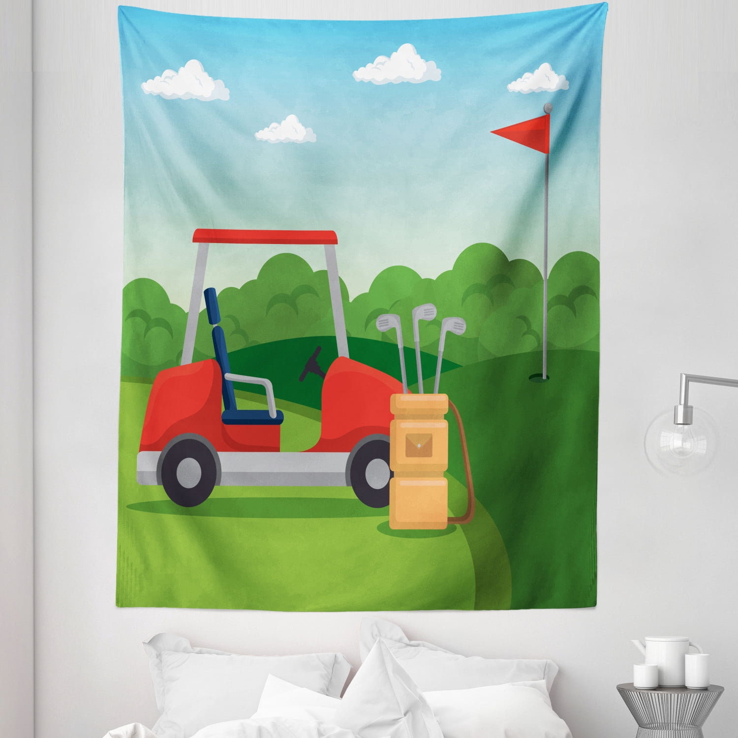 Golf Course Scene Tapestry, Cartoon Illustration of Golf Car and Flags ...