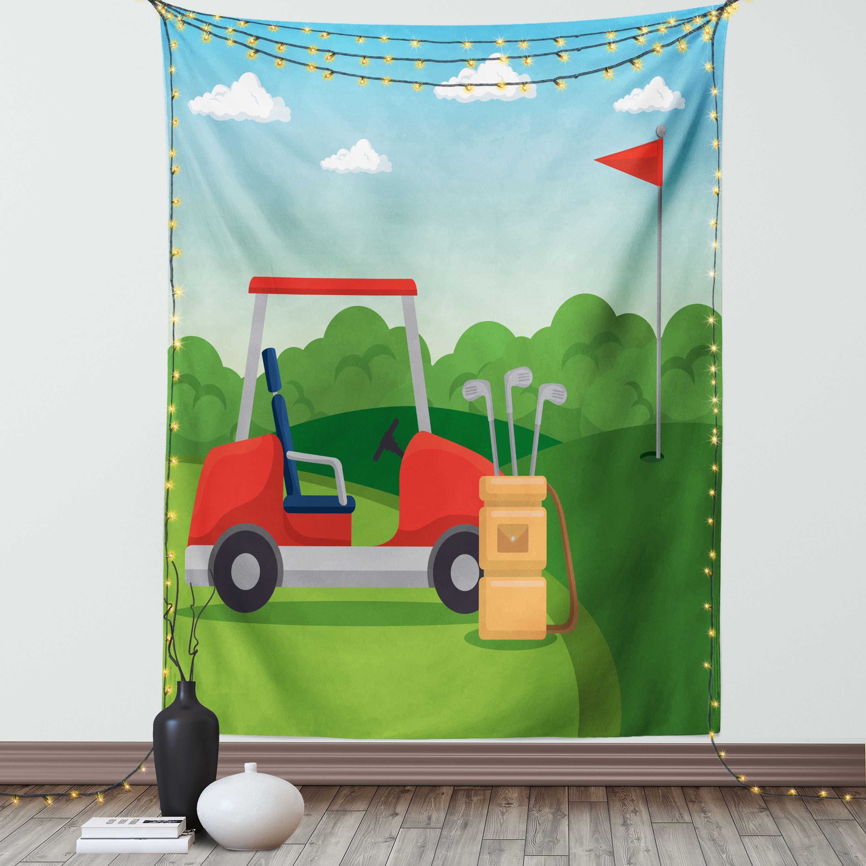 Golf Course Scene Tapestry, Cartoon Illustration of Golf Car and Flags ...