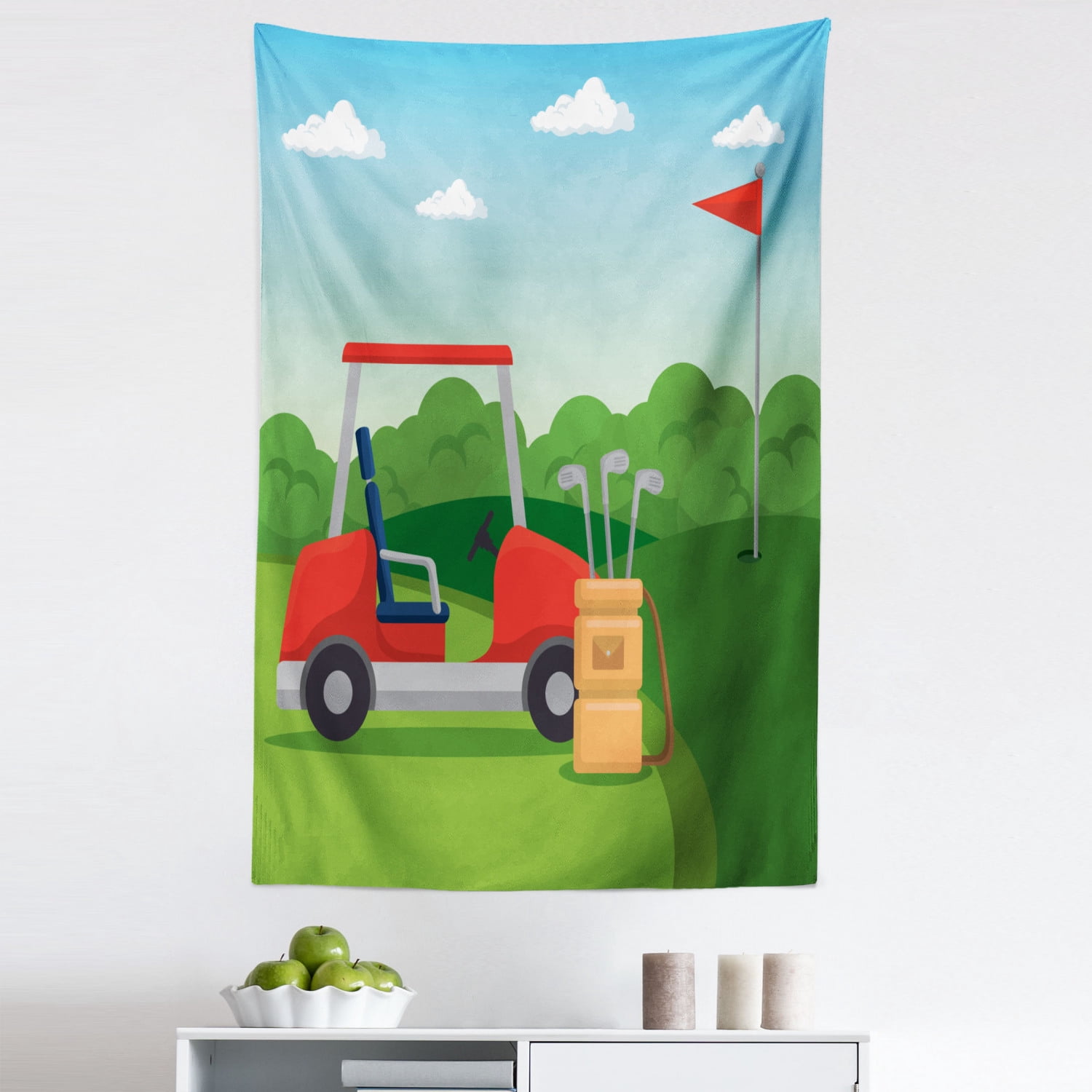 Golf Course Scene Tapestry, Cartoon Illustration of Golf Car and Flags ...