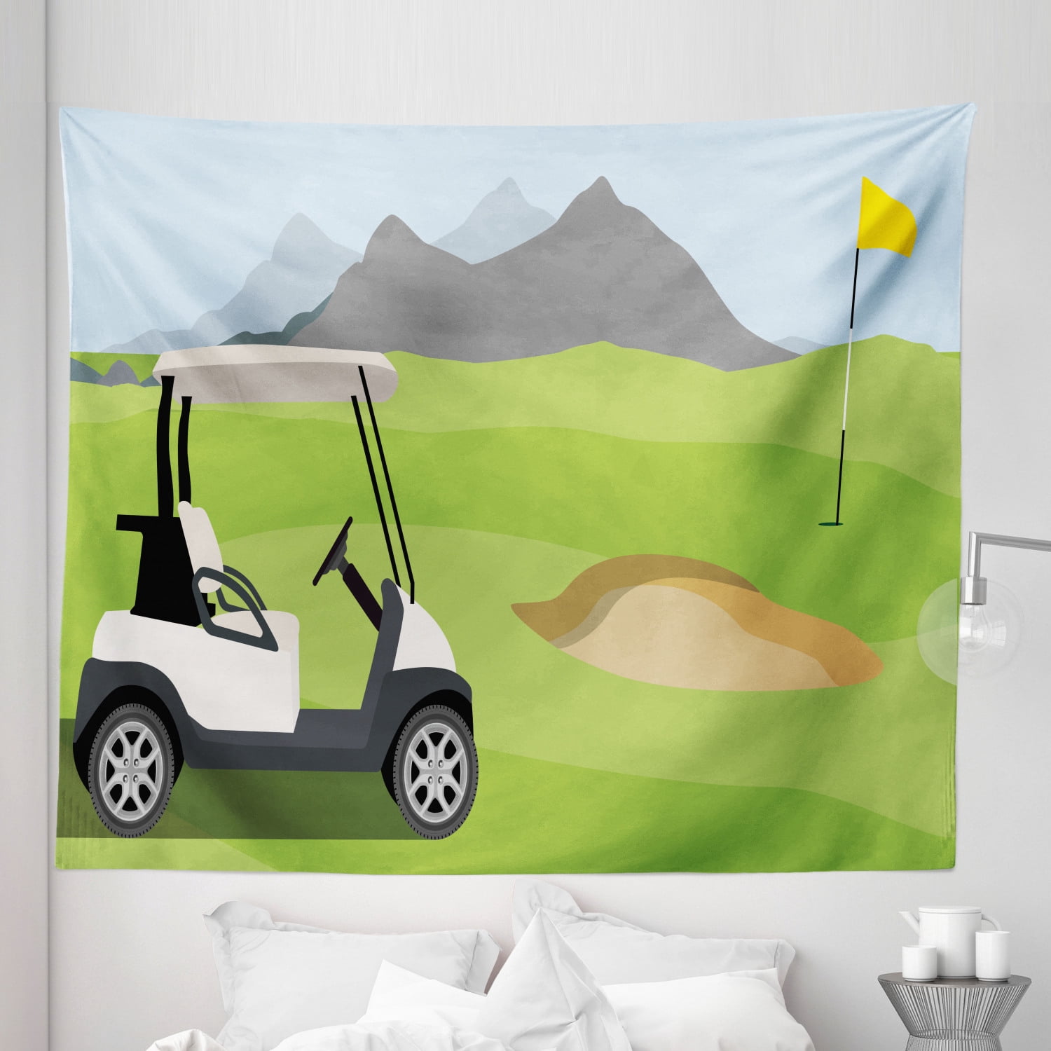 Golf Course Scene Tapestry, Cartoonish Golf Club Themed Mountains ...