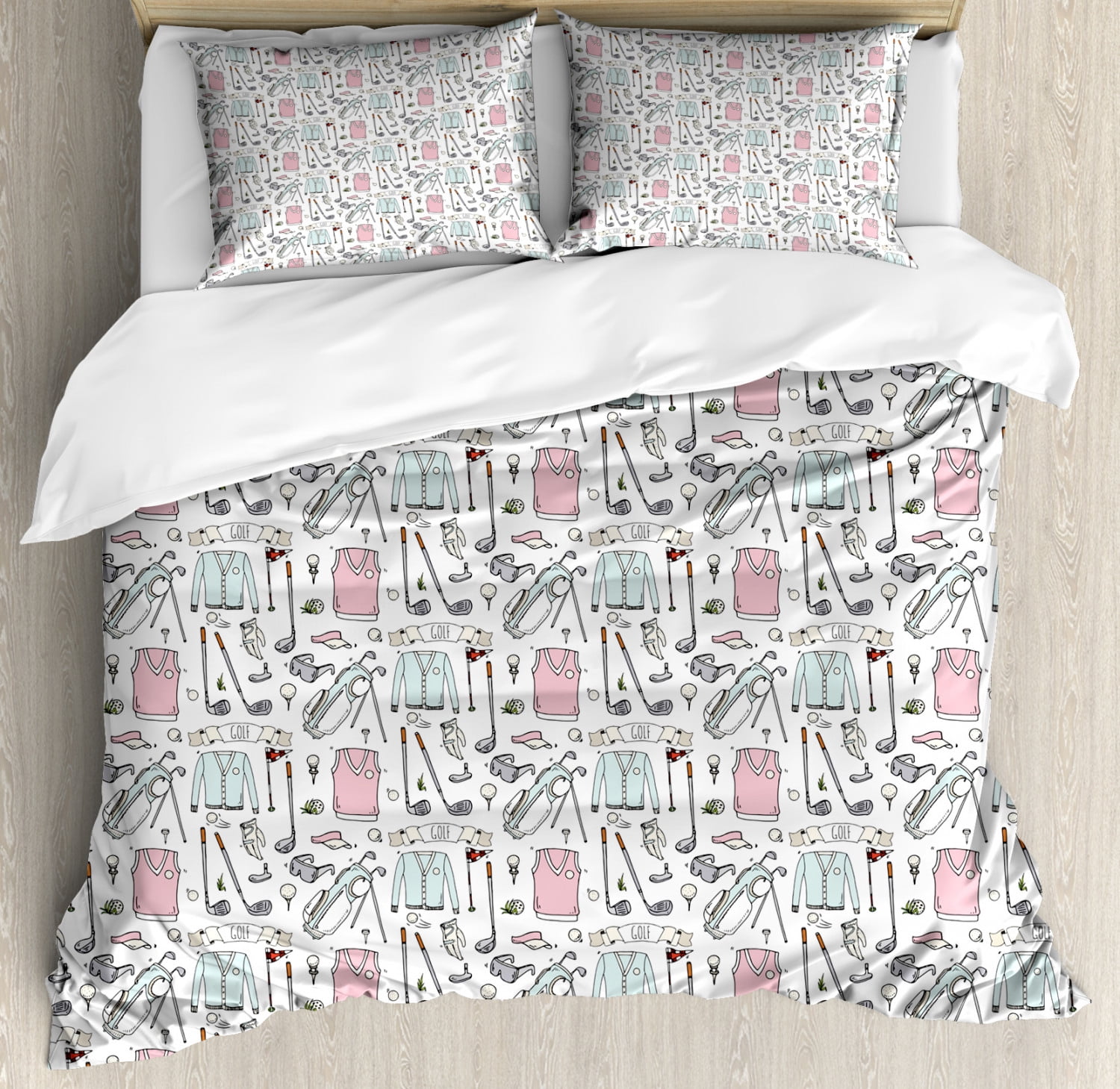 Golf Duvet Cover Set King Size, Doodle Golf with Polo Shirt Umbrella ...