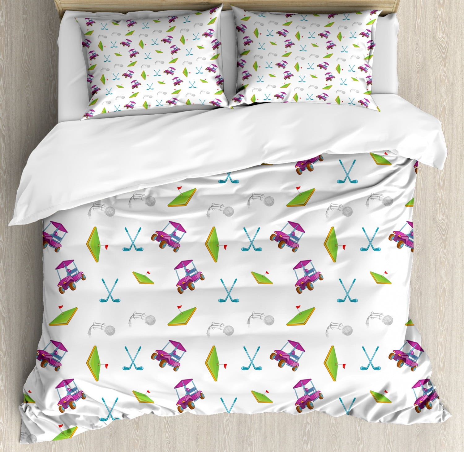 Golf Duvet Cover Set Queen Size, Clubs Carts Ball Flag on the Grass ...