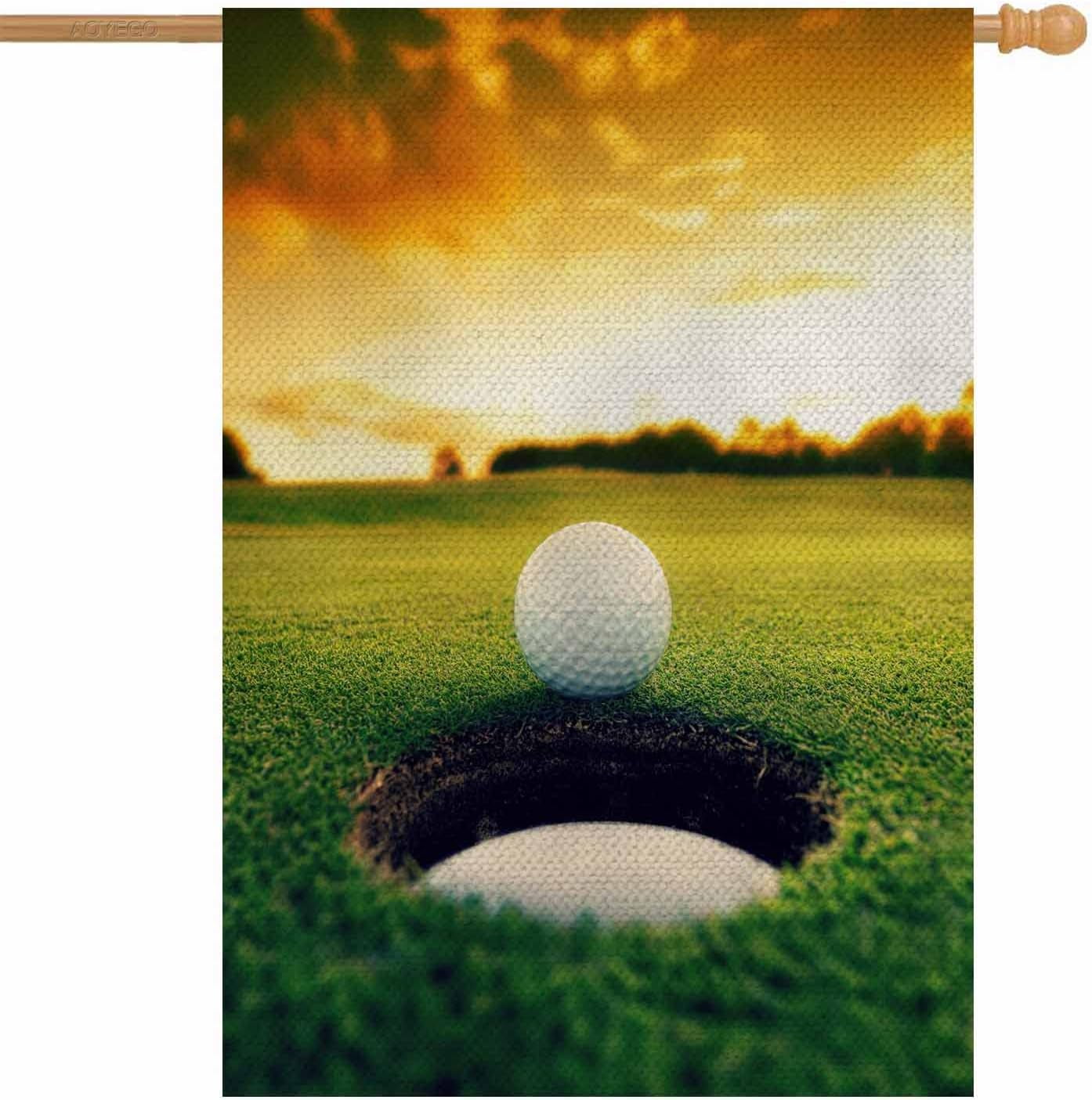 Golf House Flag Vertical Double Sided Burlap Detail on the Lawn At Dusk ...