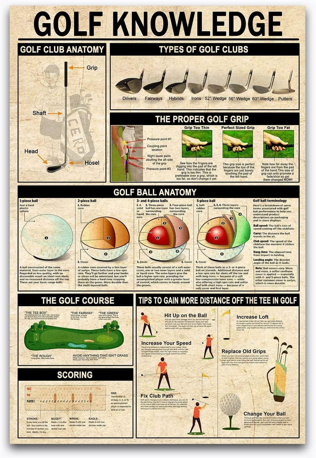 Golf Knowledge Metal Sign Wall Decor Golf Ball Anatomy Tin Poster Golf ...