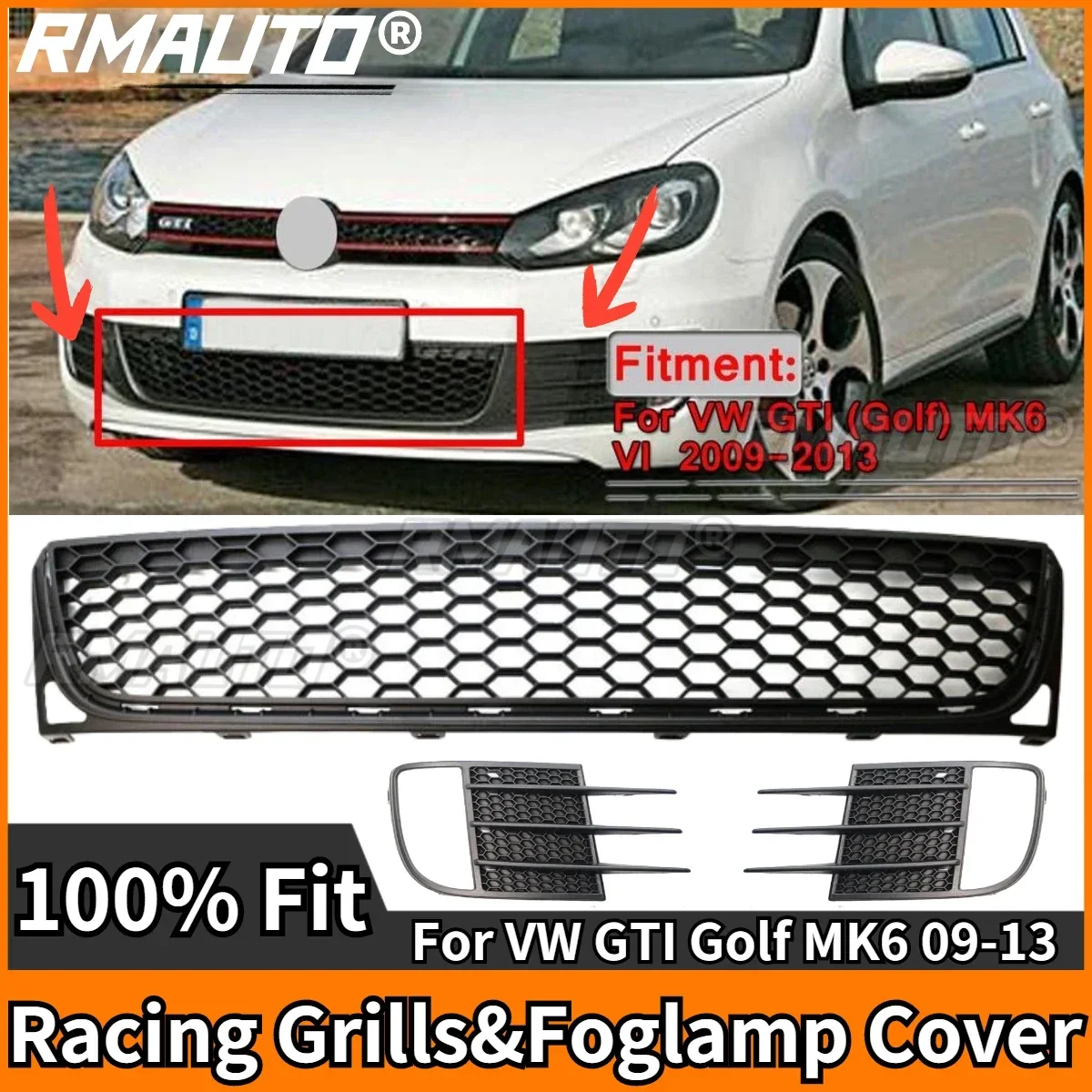 Golf MK6 Grill Matte Black Car Front Bumper Grill Fog Lamp Cover ...