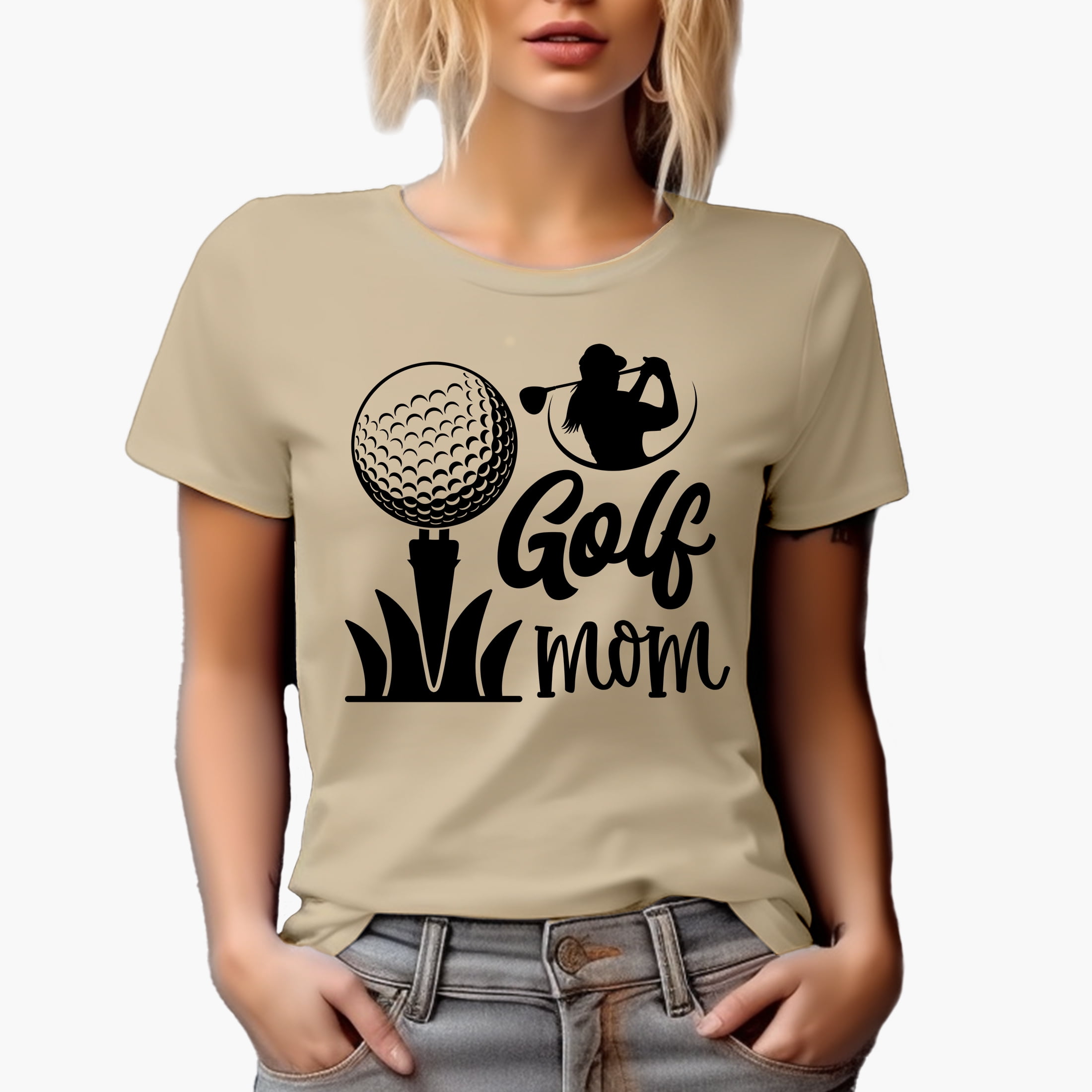 Golf Mom with a Ball on a Tee & Swinging Woman Golf Player, Golfing or ...
