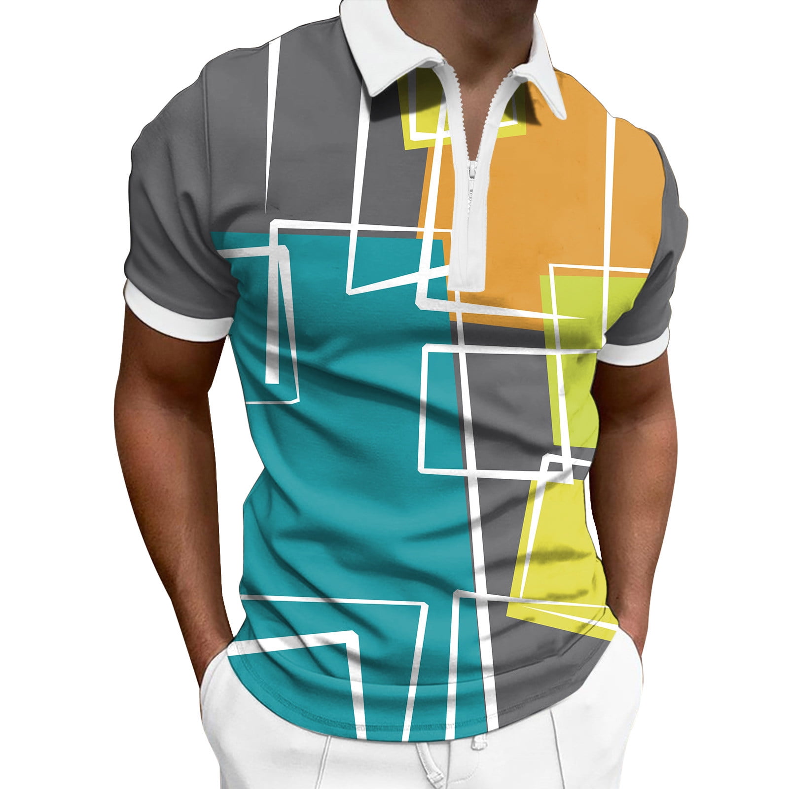Golf Polos for Men Mens Spring Summer Fashion Lapel Zipper Short Sleeve ...