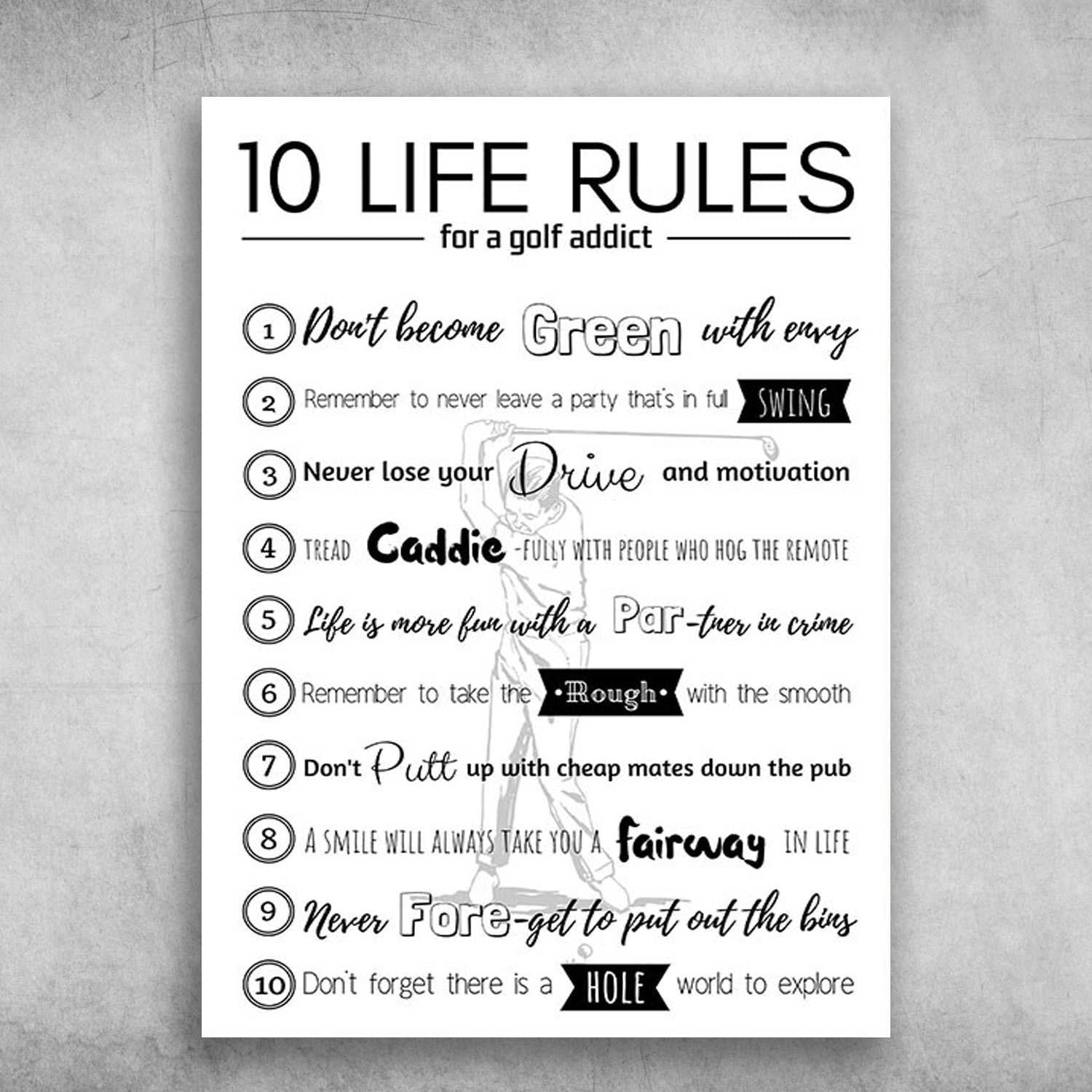 Golf Poster - 10 Life Rules, For A Field Addict, Don't Become Green ...