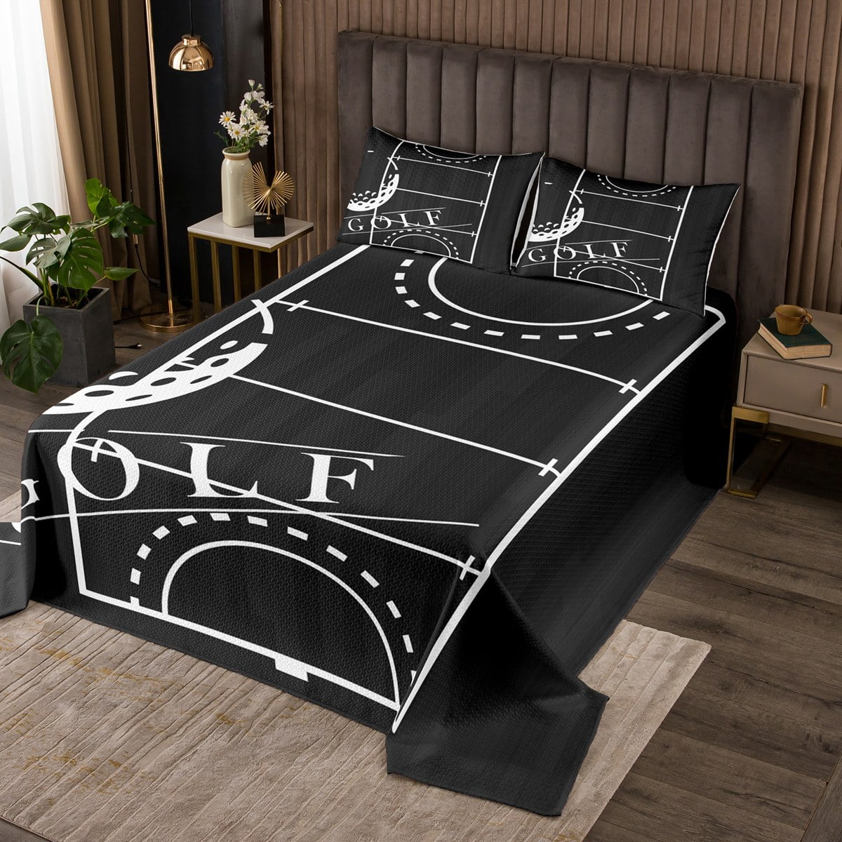 Golf Print Coverlet King Size for Men Sports Theme Bedding Set, Black ...