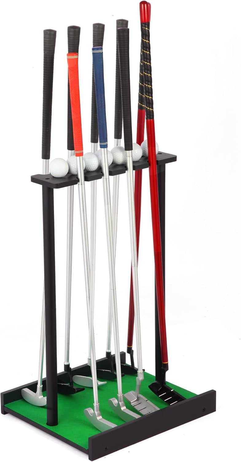 Golf Putter Stand for 9 Clubs & 7 Balls, Solid Wood Golf Club Rack ...