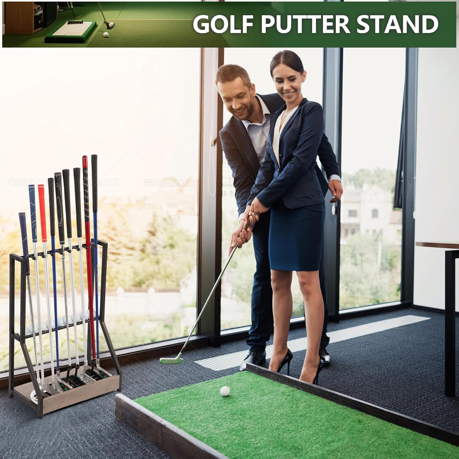 Golf Putter Stand for 9 Clubs & 9 Balls, Solid Wood & Iron Golf Club ...